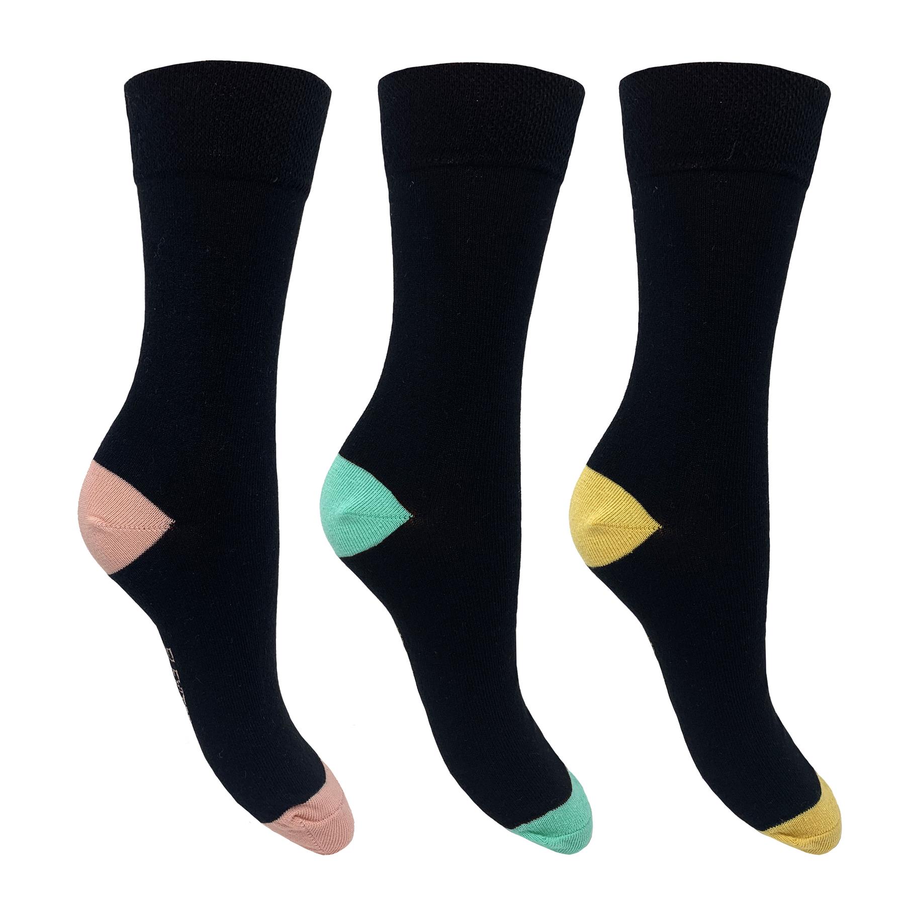 Flexitop Ladies Black Colourful Heel & Toe Design Socks 3 Pairs U.K ...