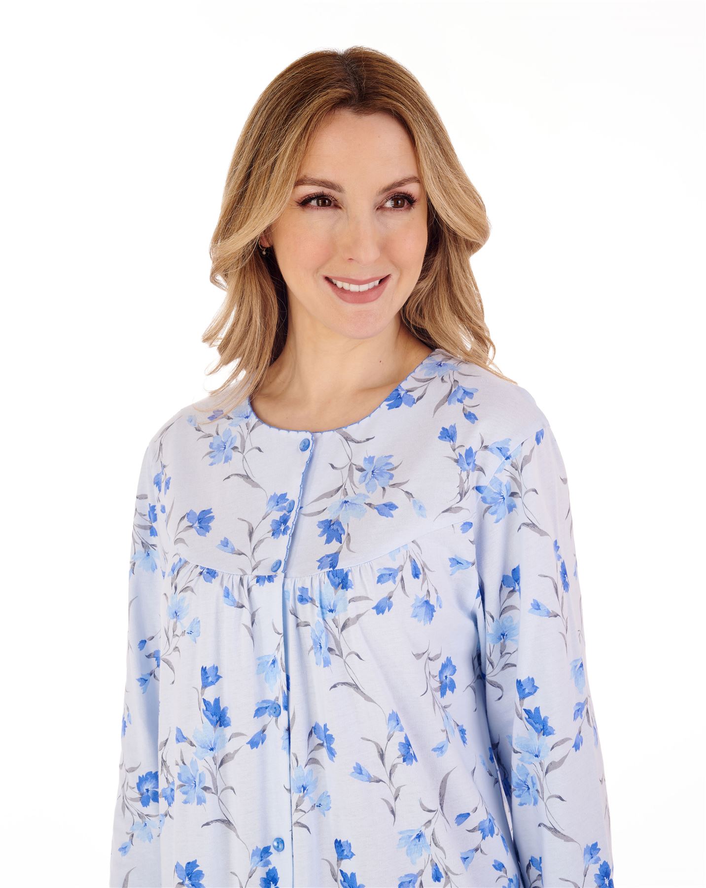 Slenderella Button Nightie 46" Picot Trim Floral Long Sleeve Jersey ...