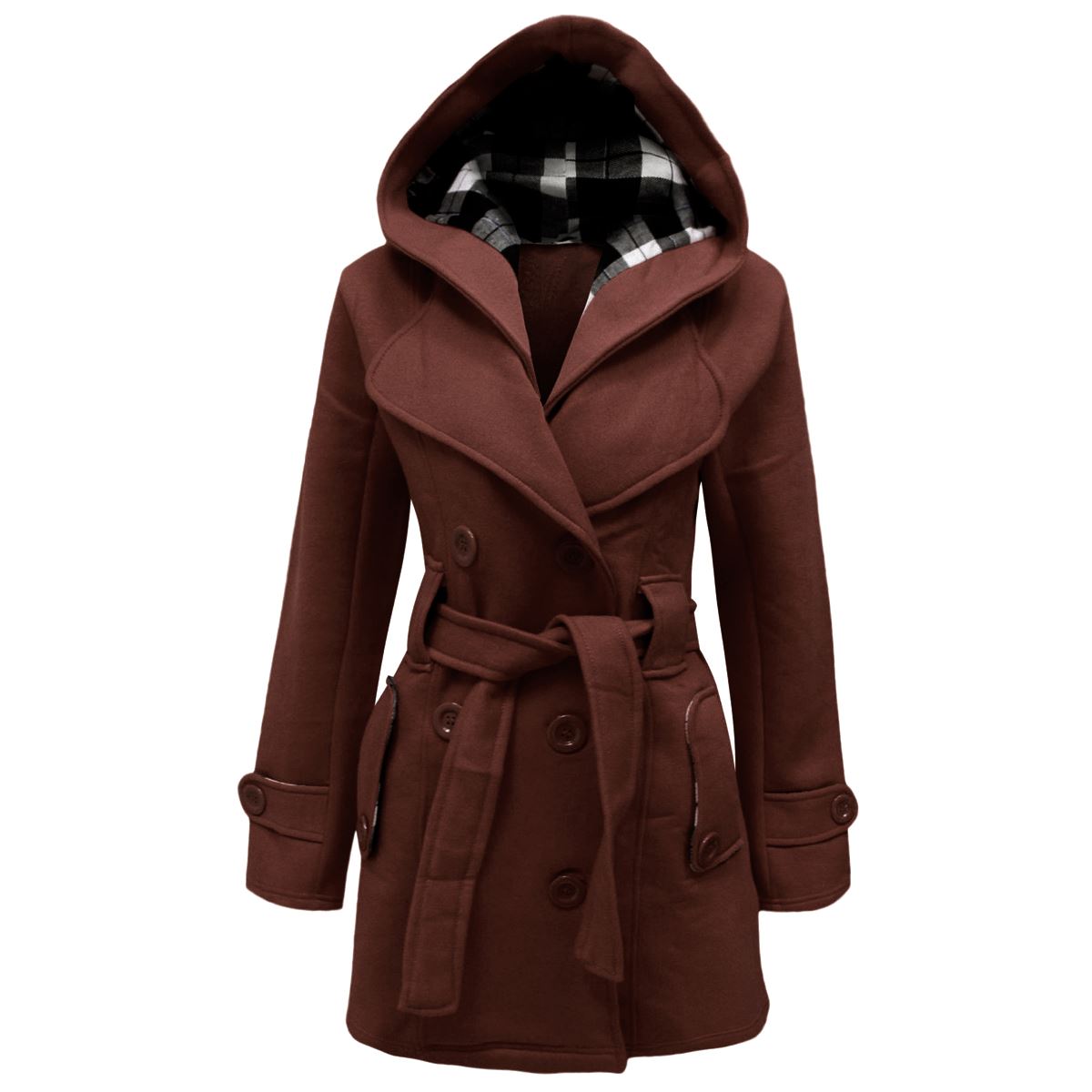 TaDa Ladies Women Belted Button Coat Hooded Military Long Jacket Plus ...