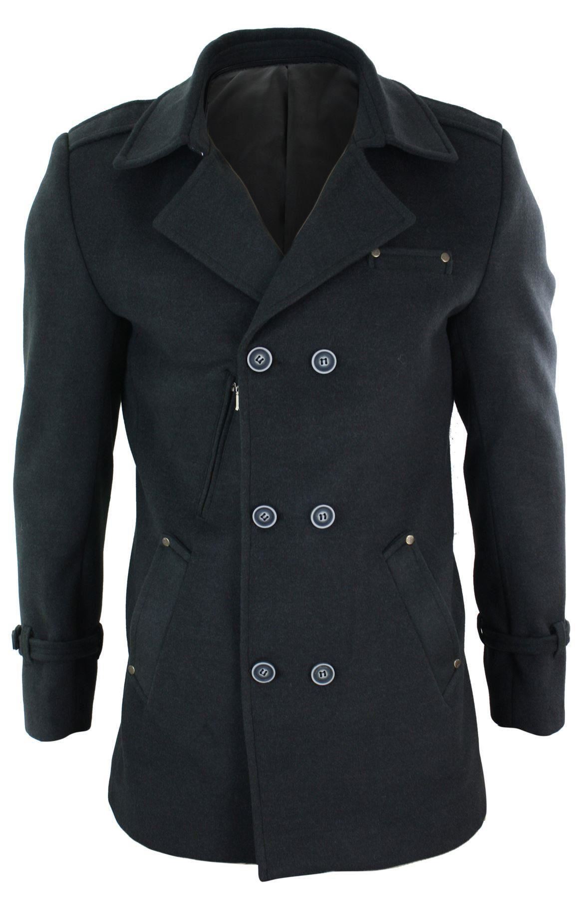 Mens Slim Fit Wool 3/4 Double Breasted Sailor Overcoat Jacket Removable ...