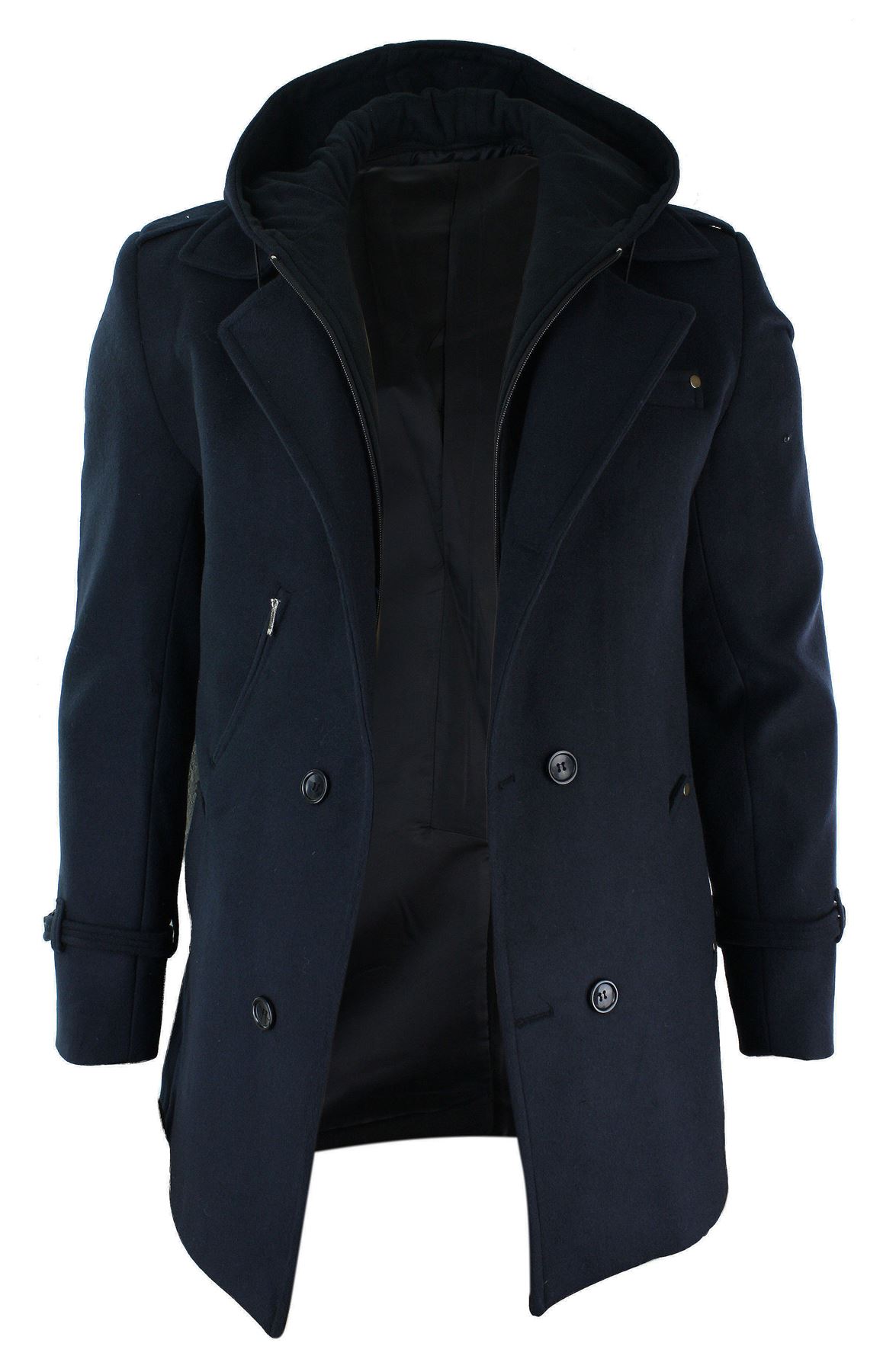 Mens Slim Fit Wool 3/4 Double Breasted Sailor Overcoat Jacket Removable ...