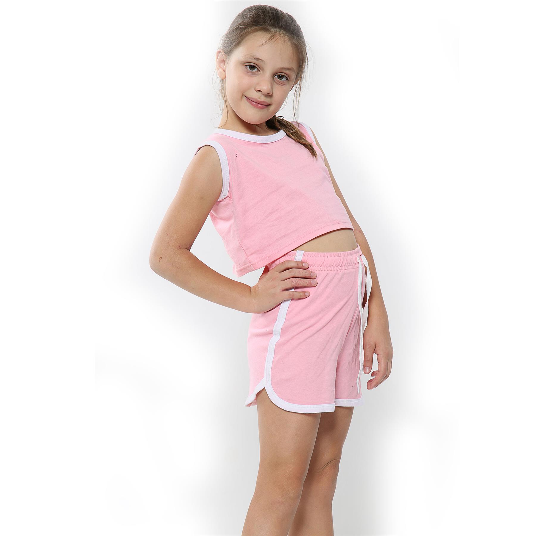 Kids Girls Short 100% Cotton Contrast Taped Summer Baby Pink Top & Hot ...