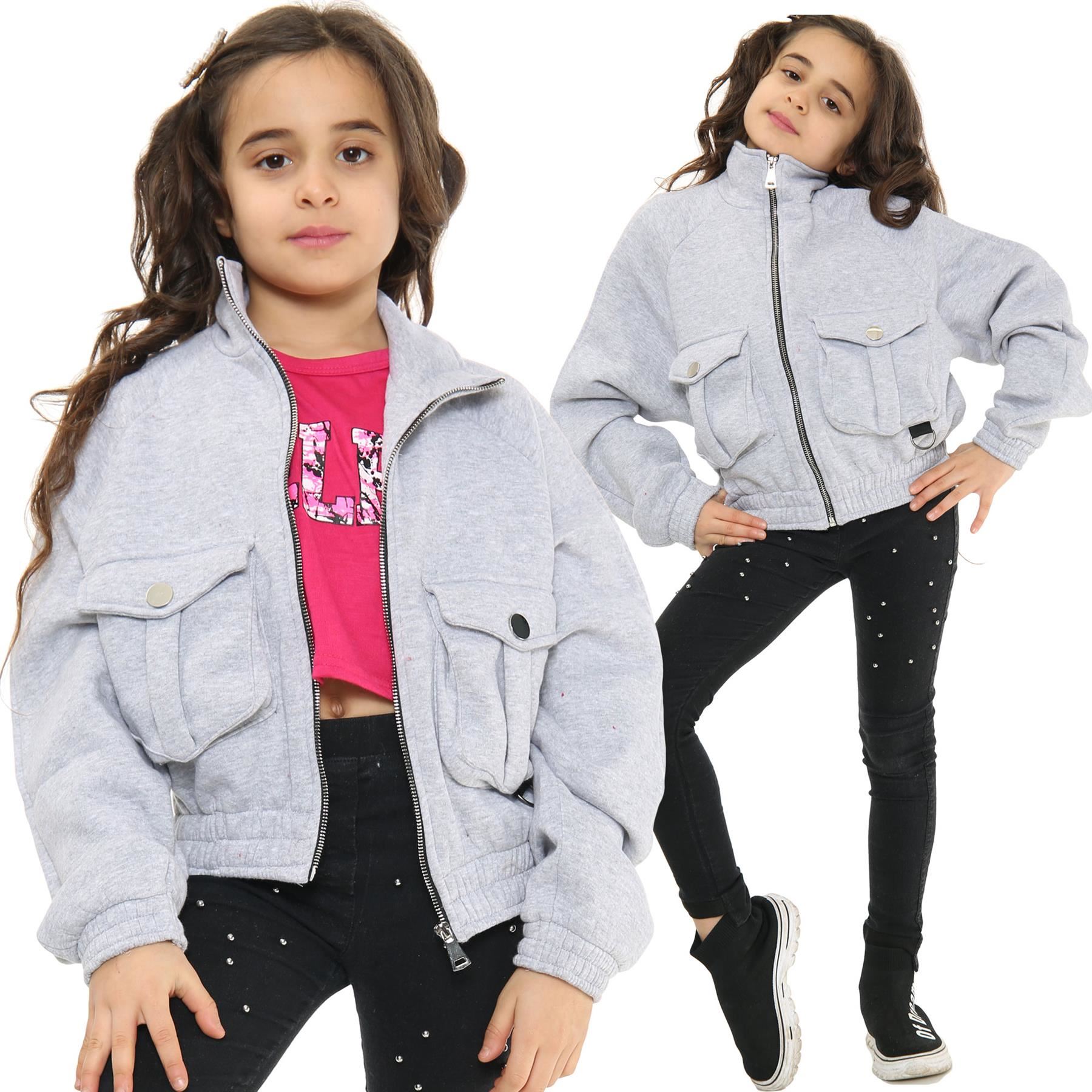 Kids Girls Plain Zip Up Cropped Grey Jackets Utility Pockets Fleece ...