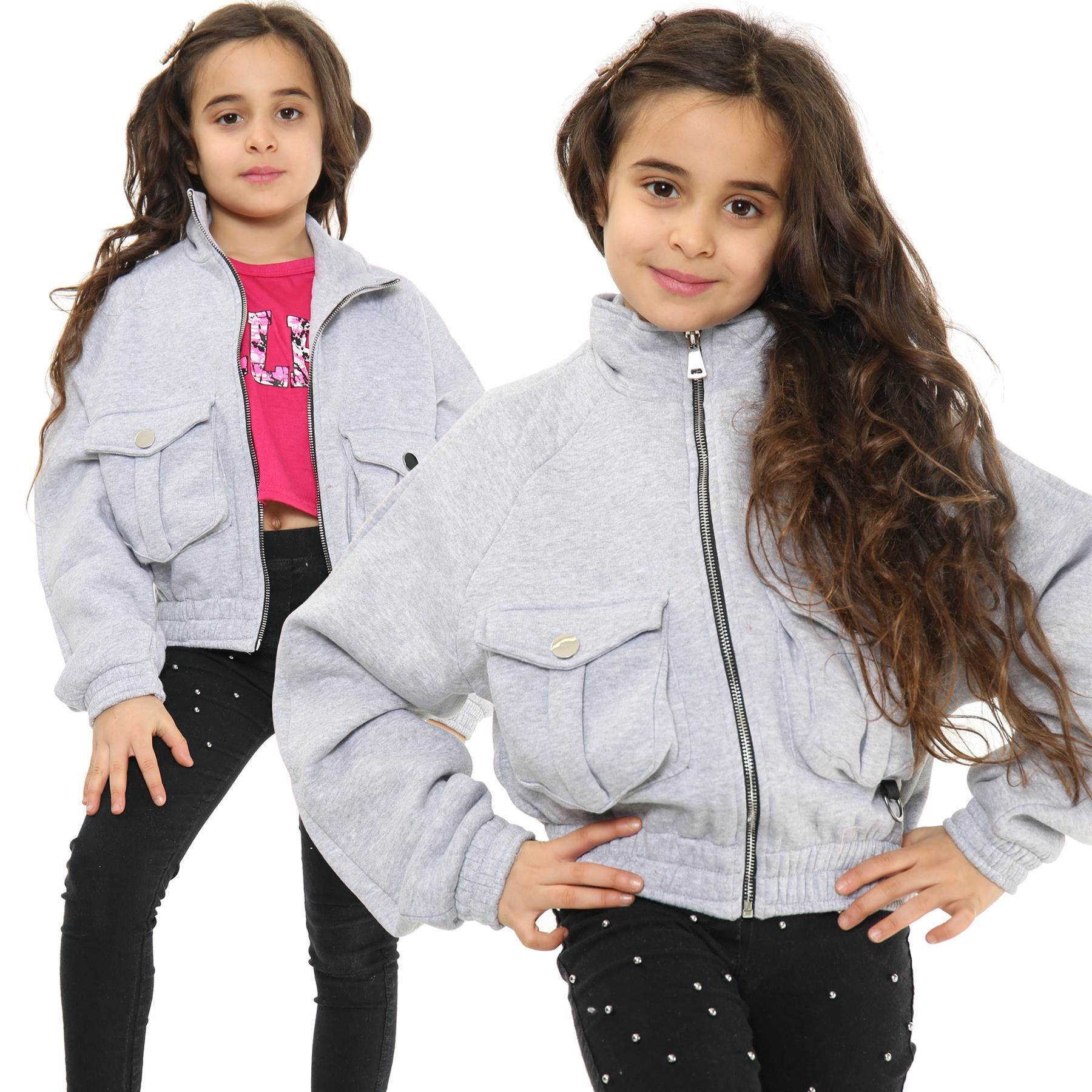 Kids Girls Plain Zip Up Cropped Grey Jackets Utility Pockets Fleece ...