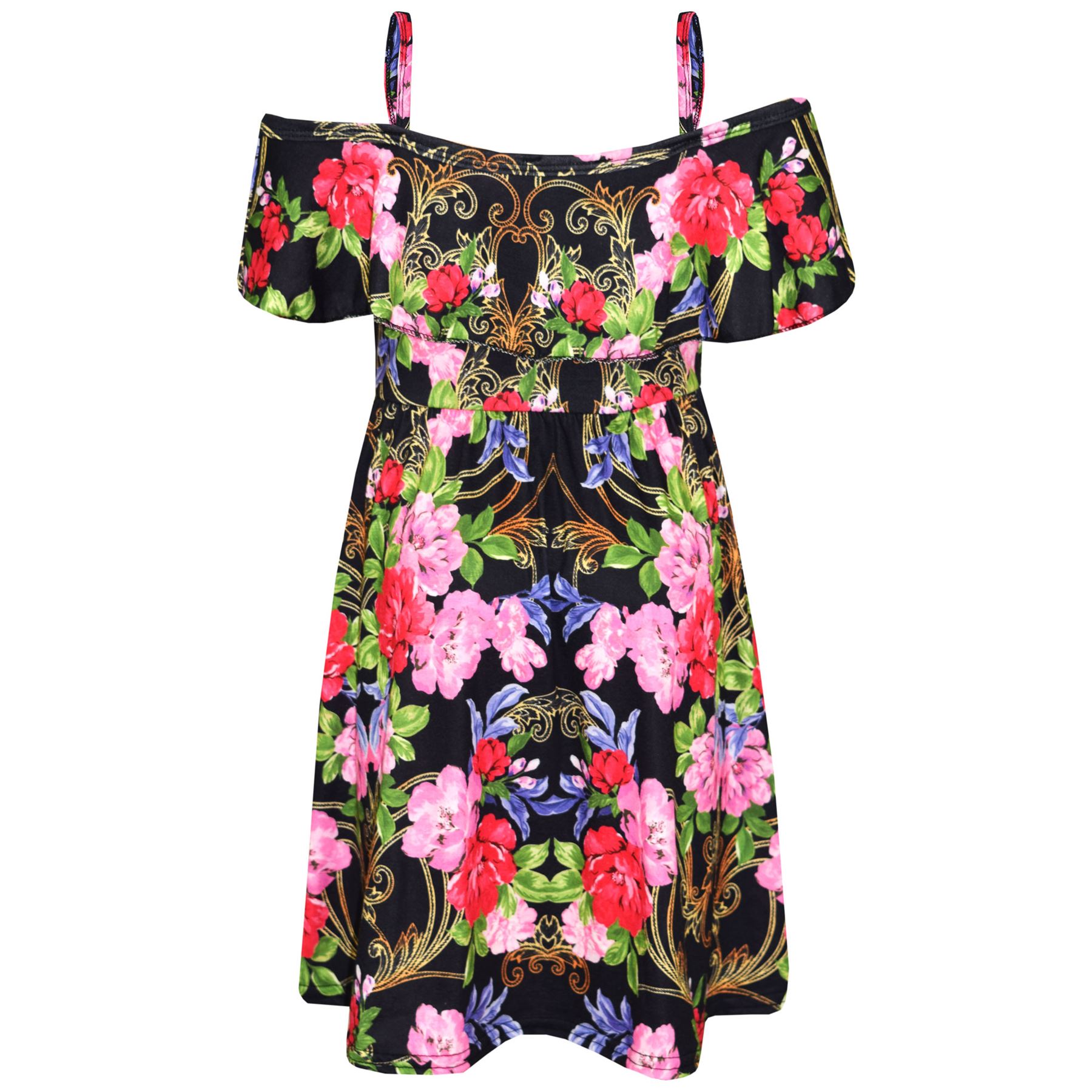 Kids Girls Skater Dress Floral Print Summer Party Off Shoulder Dresses ...