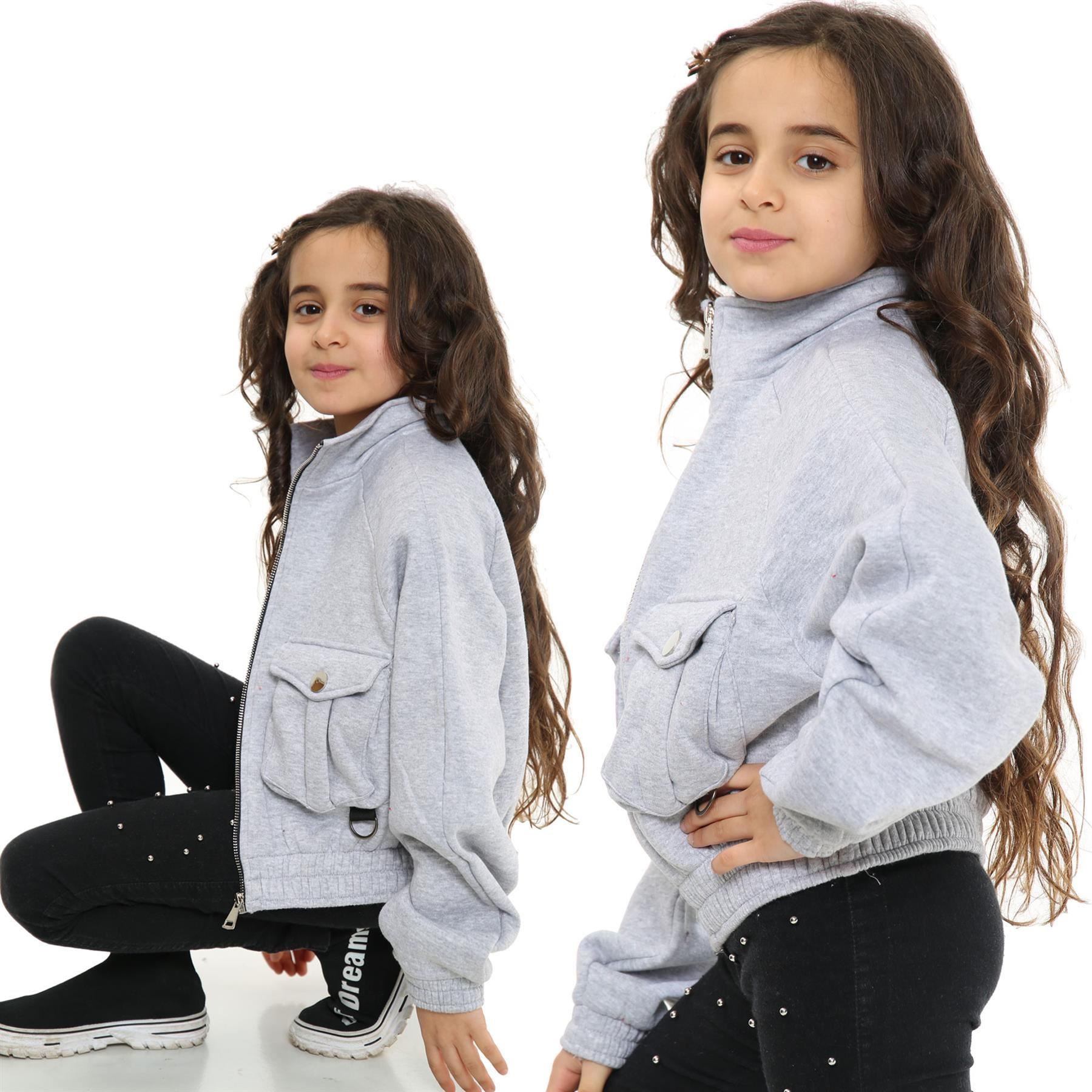 Kids Girls Plain Zip Up Cropped Grey Jackets Utility Pockets Fleece ...