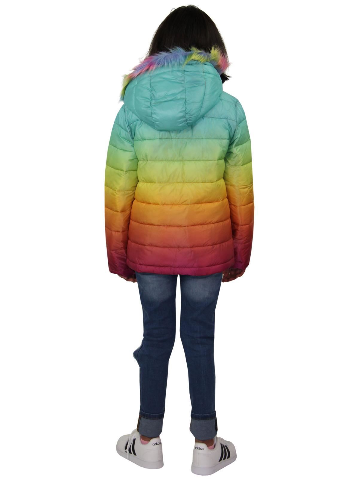 Kids Girls Hooded Jacket Rainbow Faux Fur Parka School Jackets Outwear ...