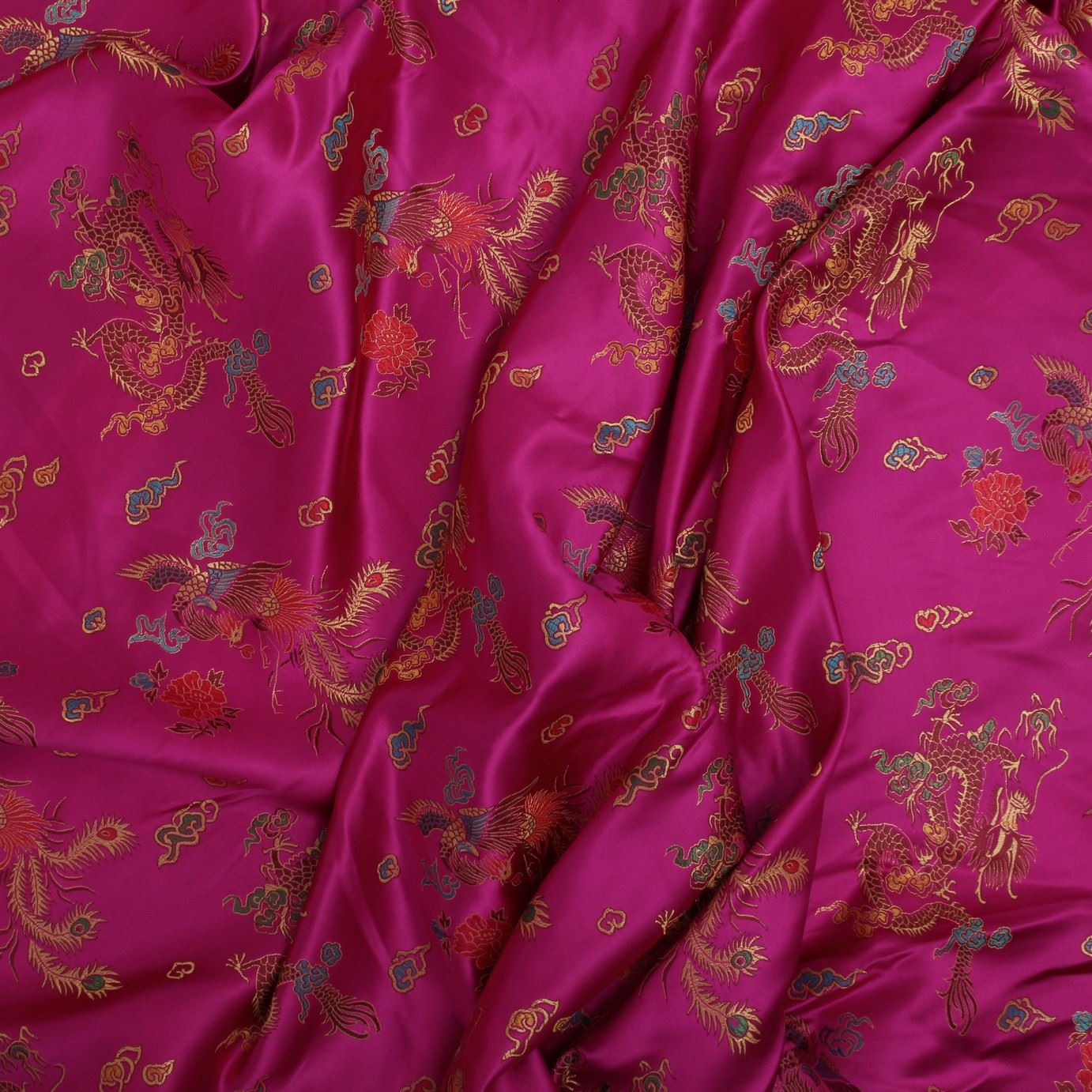 Chinese Oriental Gold Dragon Embroidered Brocade Silky Satin Dress