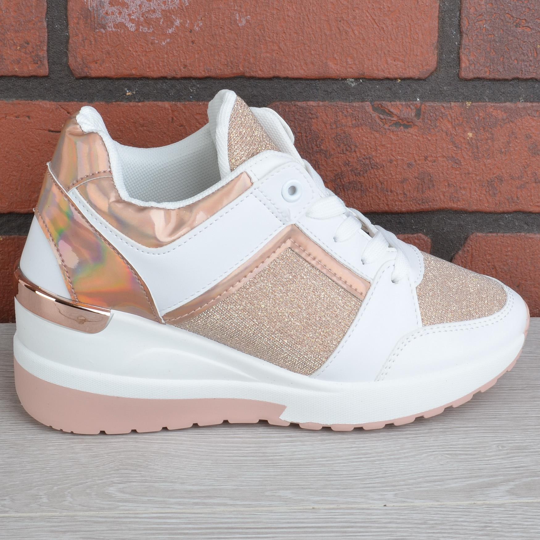 Womens Ladies Glitter Mesh Lace Up Wedge Heel Trainers Pumps Sneakers ...