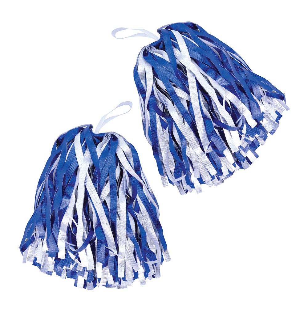 Set of 2 Pom Poms. Blue/White, Cheerleader Fancy Dress