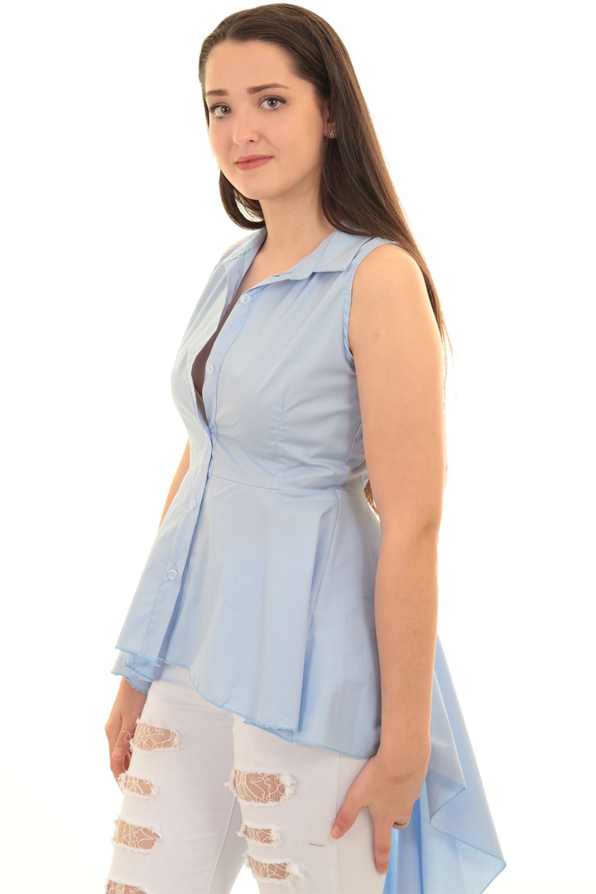 Ladies Sleeveless Plain High Low Fishtail Flare Button Up Top Shirt ...