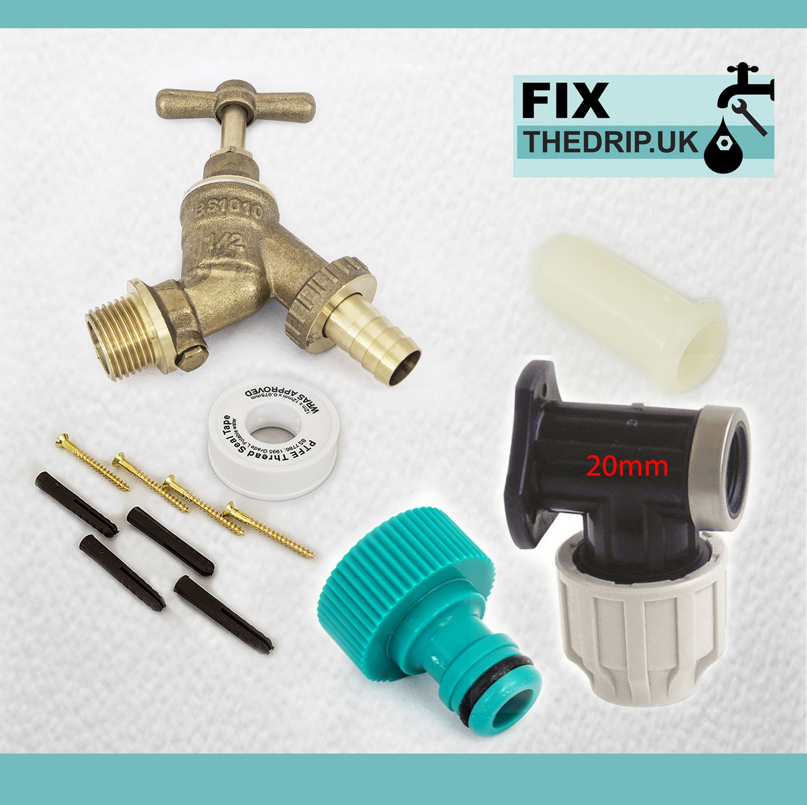 20mm MDPE Outside Tap Kit With Plastic Wall Plate & Garden Hose Fitting ...