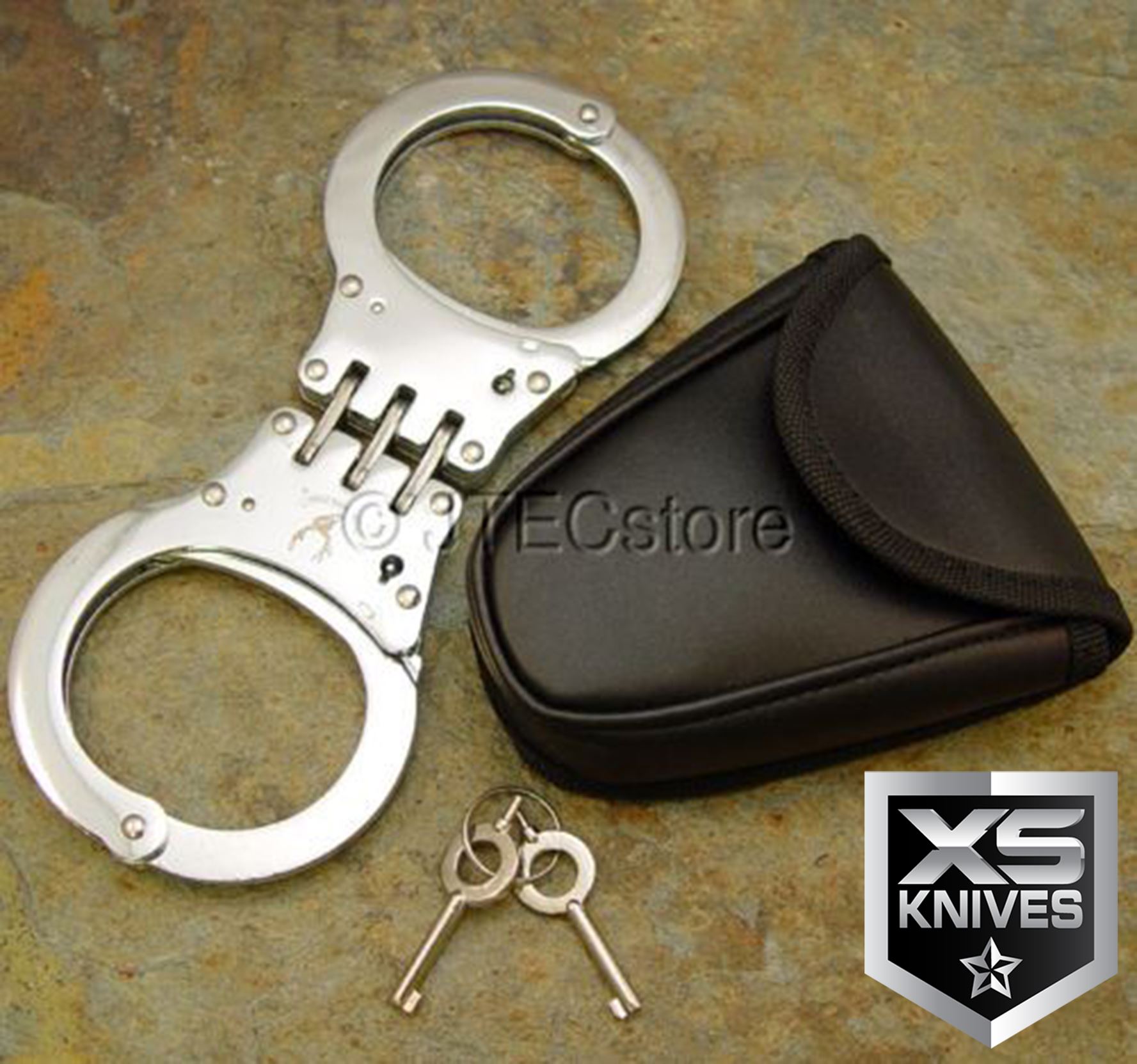 HINGED Handcuffs CHROME Double Lock Hand Cuffs w/POUCH Authentic Police ...
