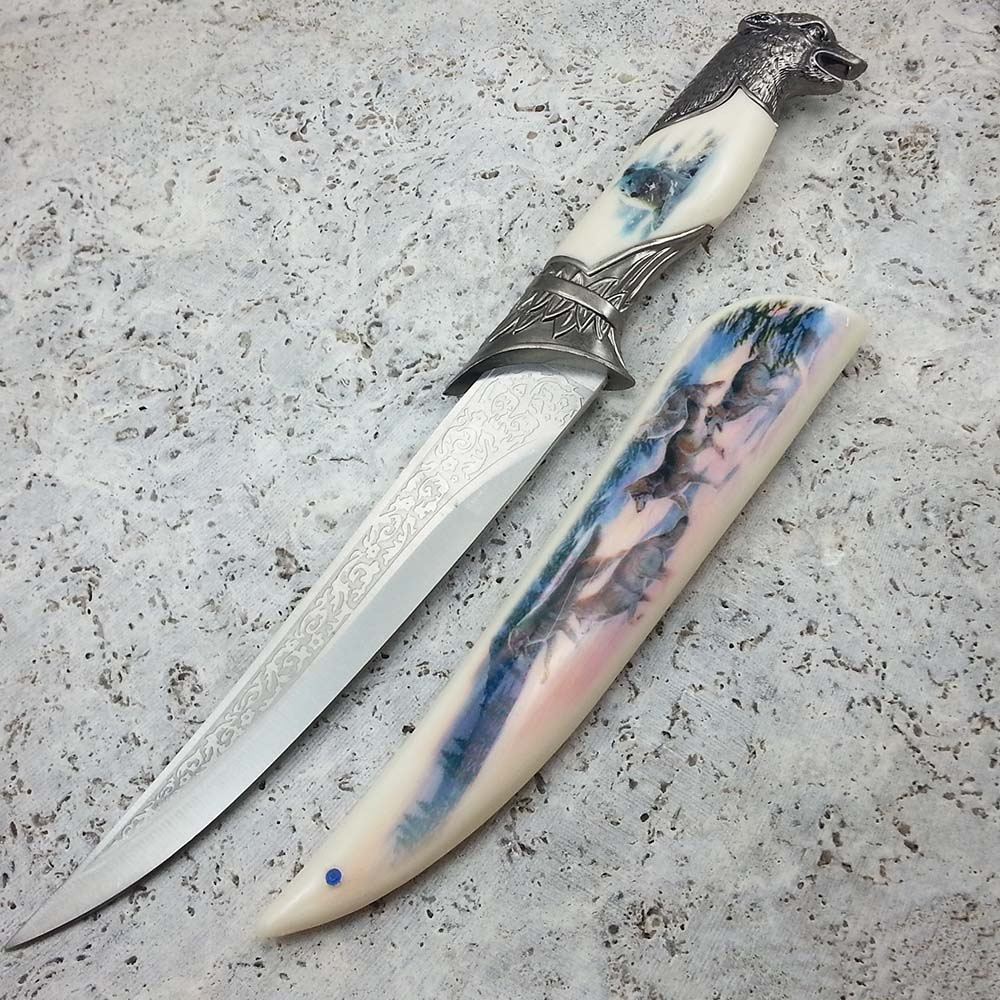 13" Collectors Wolf Head Dagger Hunting Knife W/ Wolf Pack Printed ...