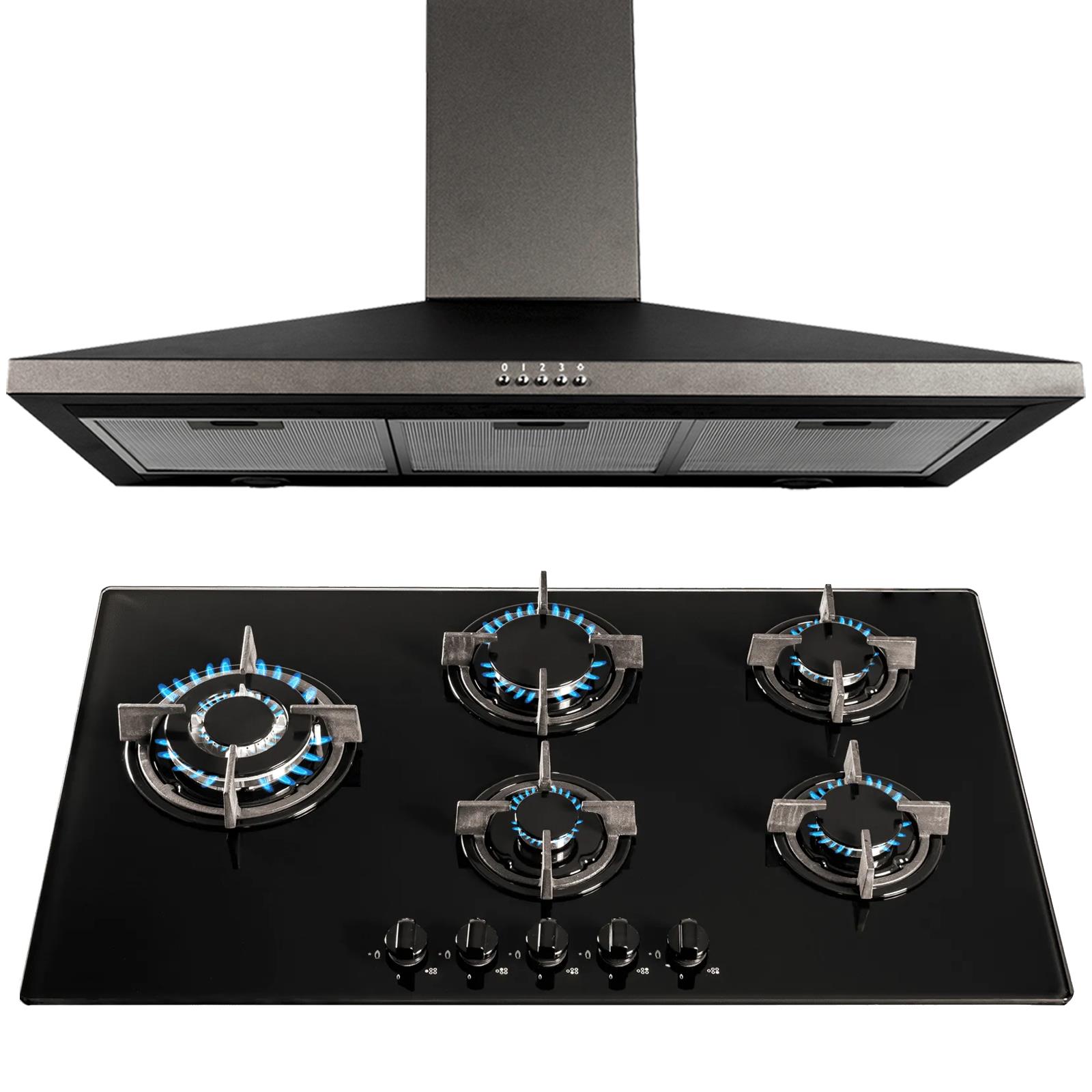 SIA Black 90cm 5 Burner Gas On Glass Hob And Chimney Cooker Hood ...