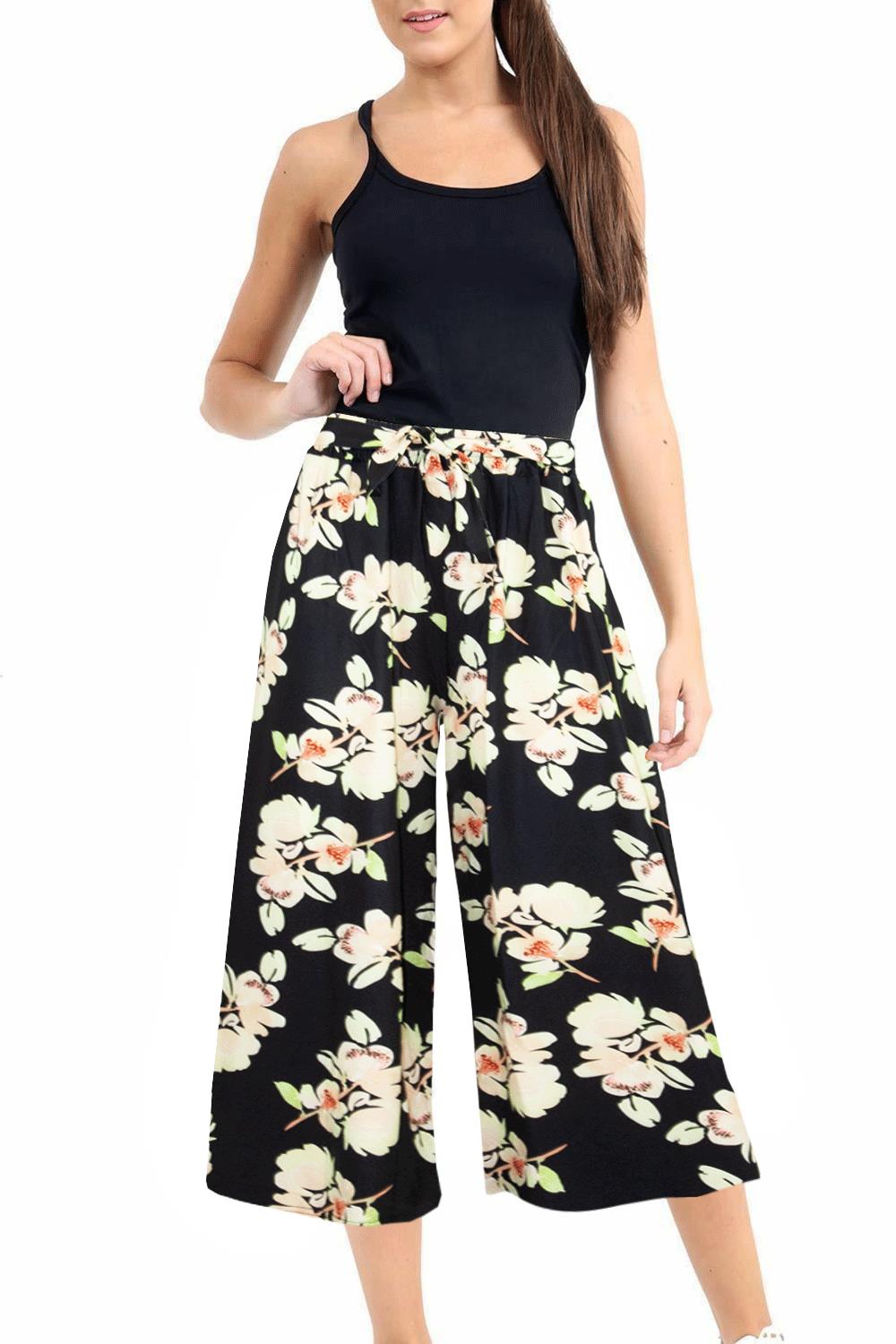 Womens Ladies Floral 3 4 Palazzo Belted Trousers Cropped Flared Wide