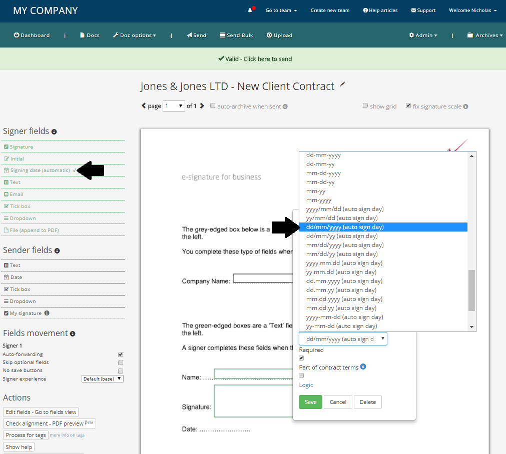 Auto date a document for the signing day on Legalesign
