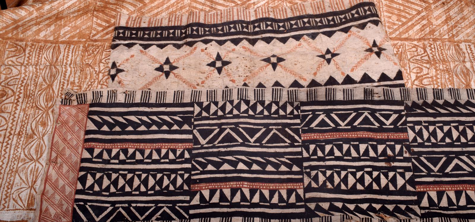 A Tonga tapa cloth, with geometric panel designs, 220 x 176cm, a Fiji ...