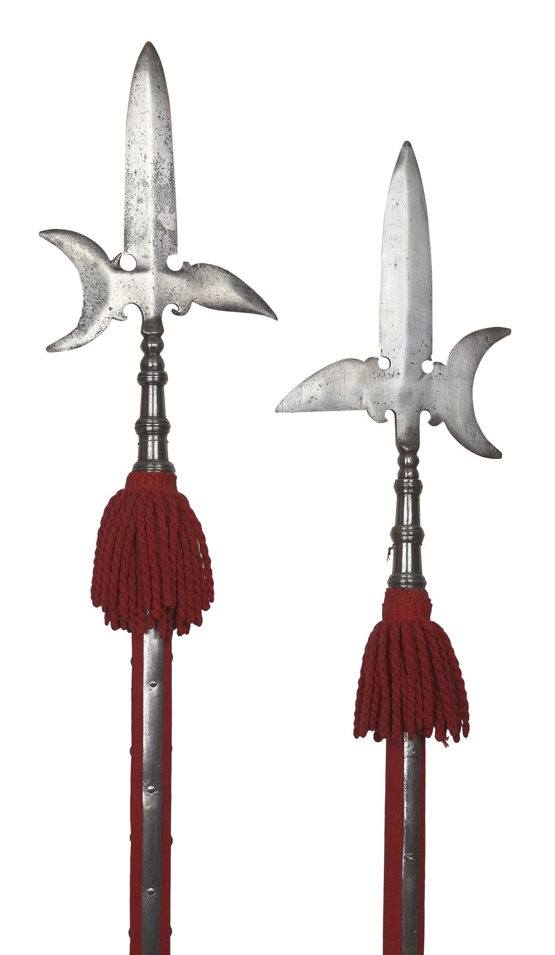 PAIR OF GERMAN HALBERDS with crescent shaped blades of traditional form ...