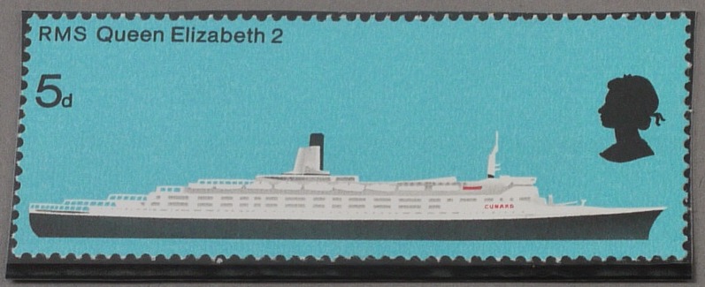 One 1969 5d RMS Queen Elizabeth II ship stamp, with dramatic perforation error, inscription moved