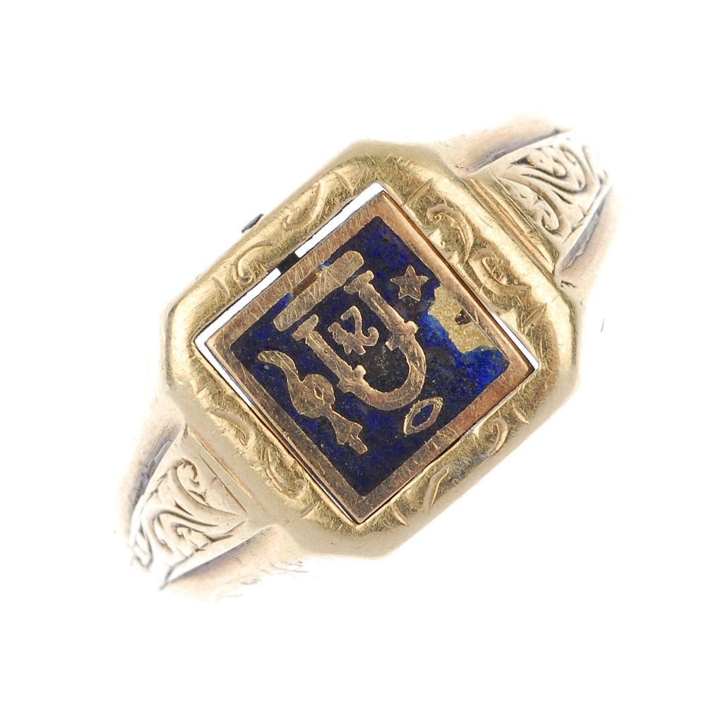 A 9ct gold enamel Loyal Orange Institution or Orange Order swivel ring ...