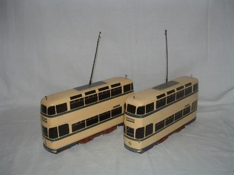 2 x 7mm Scale Sheffield Corporation Trams. The Model bodies are solid ...