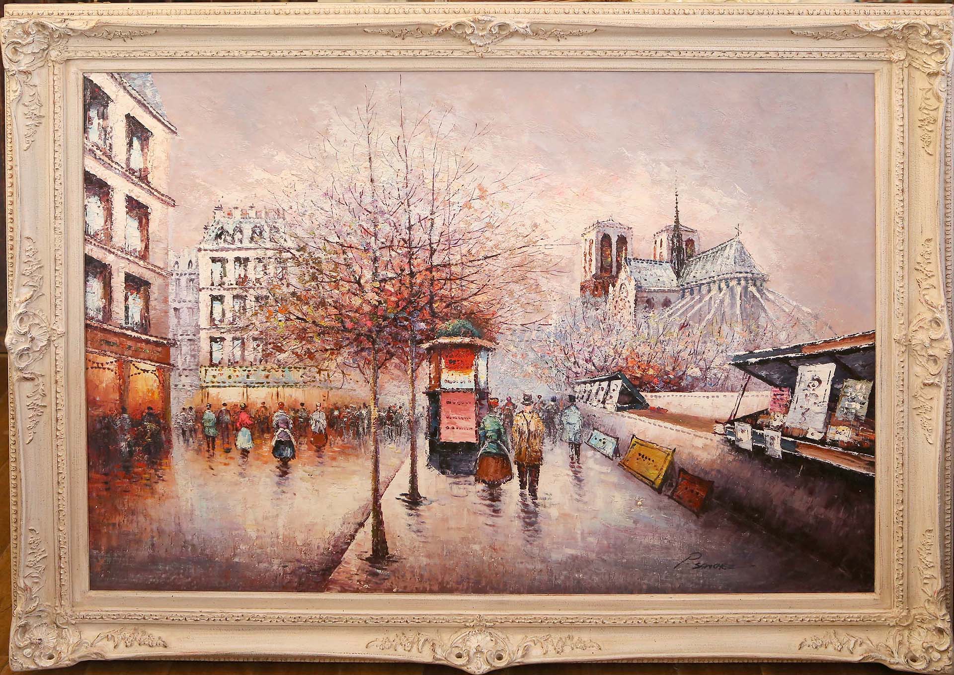 P. Sanchez, a large oil/acrylic on canvas, `The left bank in the rain ...
