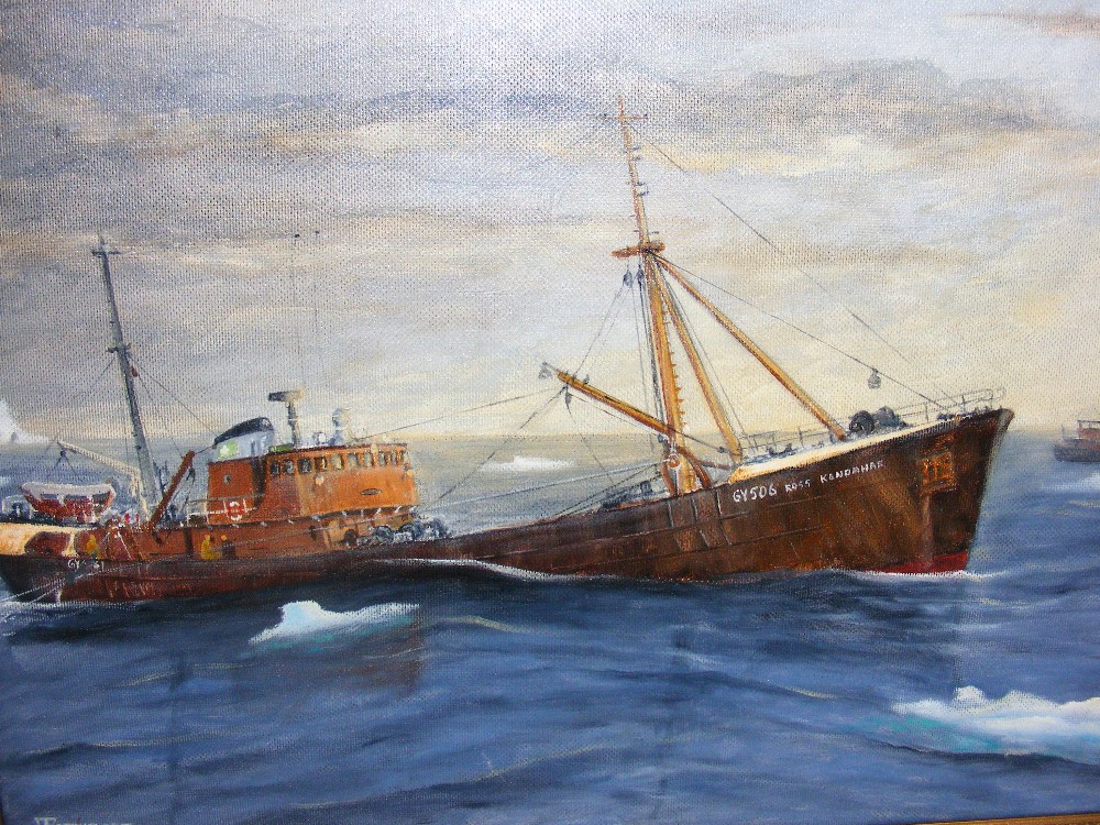 An oil on board of Grimsby trawler GY506 Ross Kandahar measuring 74.5cm ...