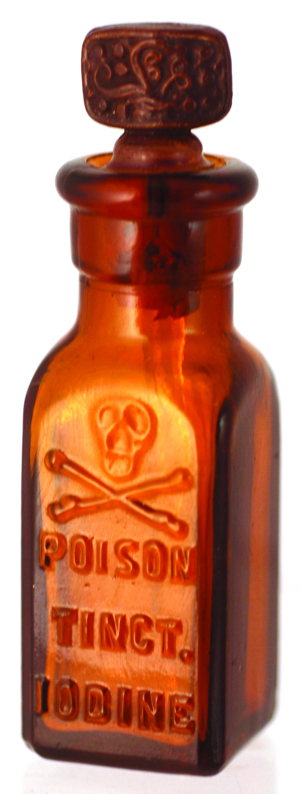 TINCT IODINE POISON BOTTLE. 2.5ins tall to top of stopper, amber glass ...