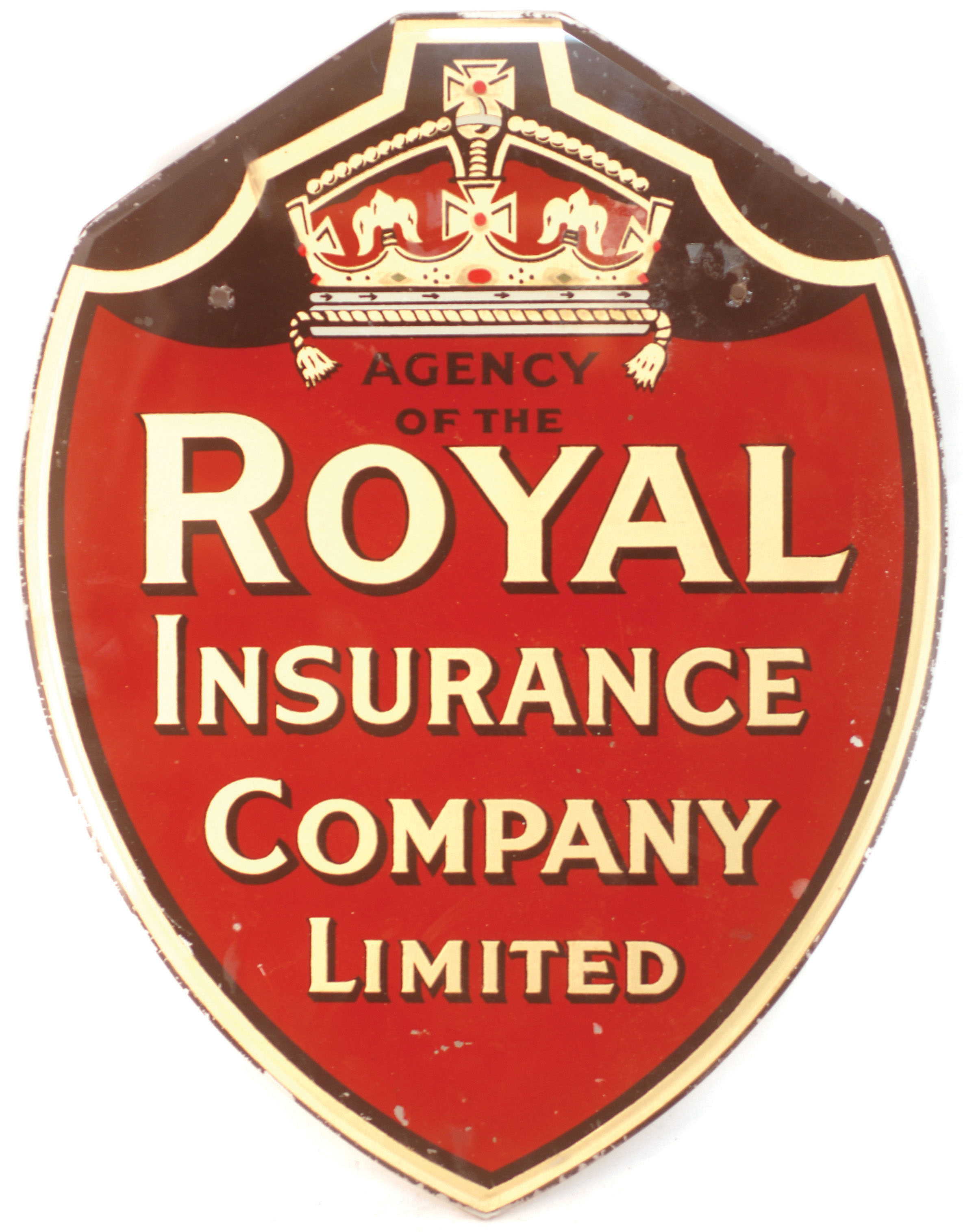 ROYAL INSURANCE COMPANY SHIELD SHAPE GLASS SIGN. 17 by 13ins ‘AGENCY ...