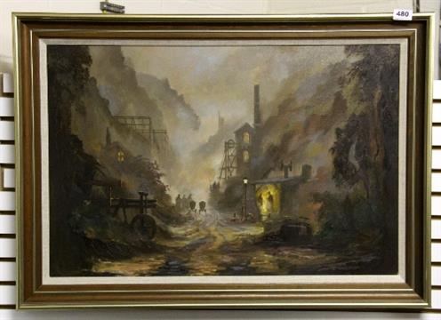 Singer Jones (British) framed painting on canvas of a tin mine 88x 62cm