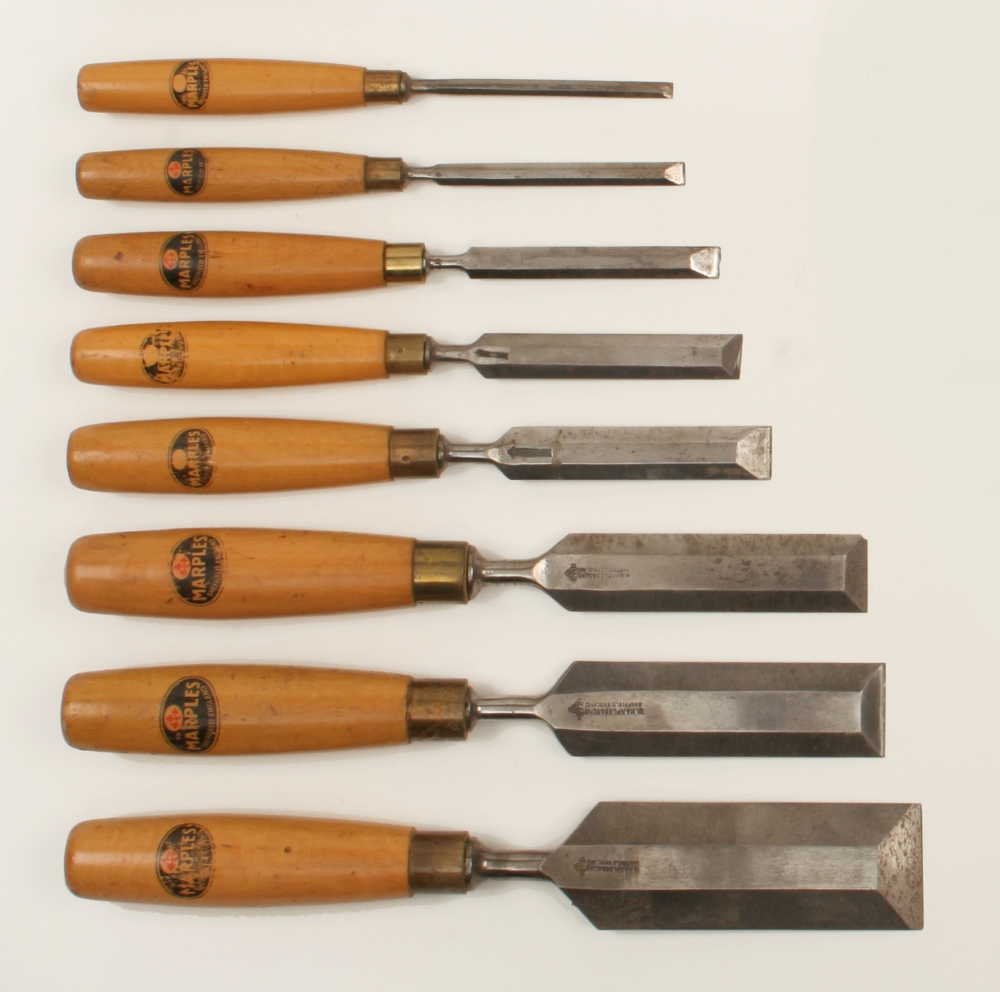 A set of 8 bevel edge paring chisels by MARPLES 1/4" to 2" with boxwood ...