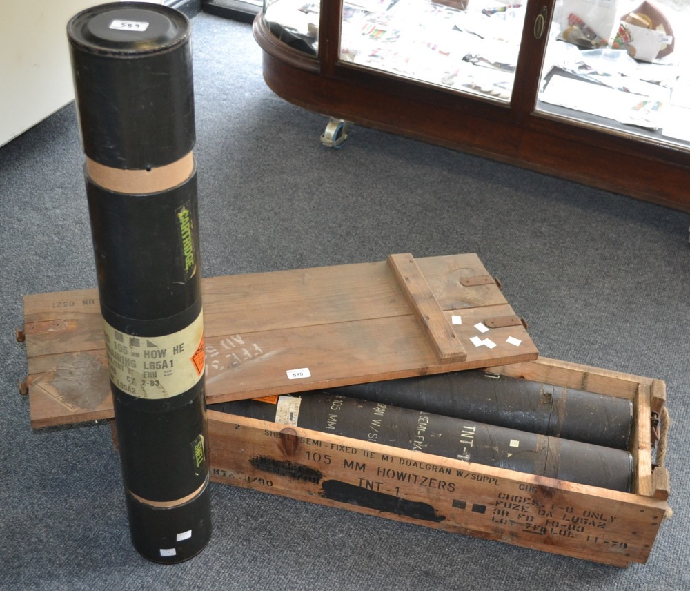A lidded wooden ammunition crate for 105mm Howitzer shells, including ...