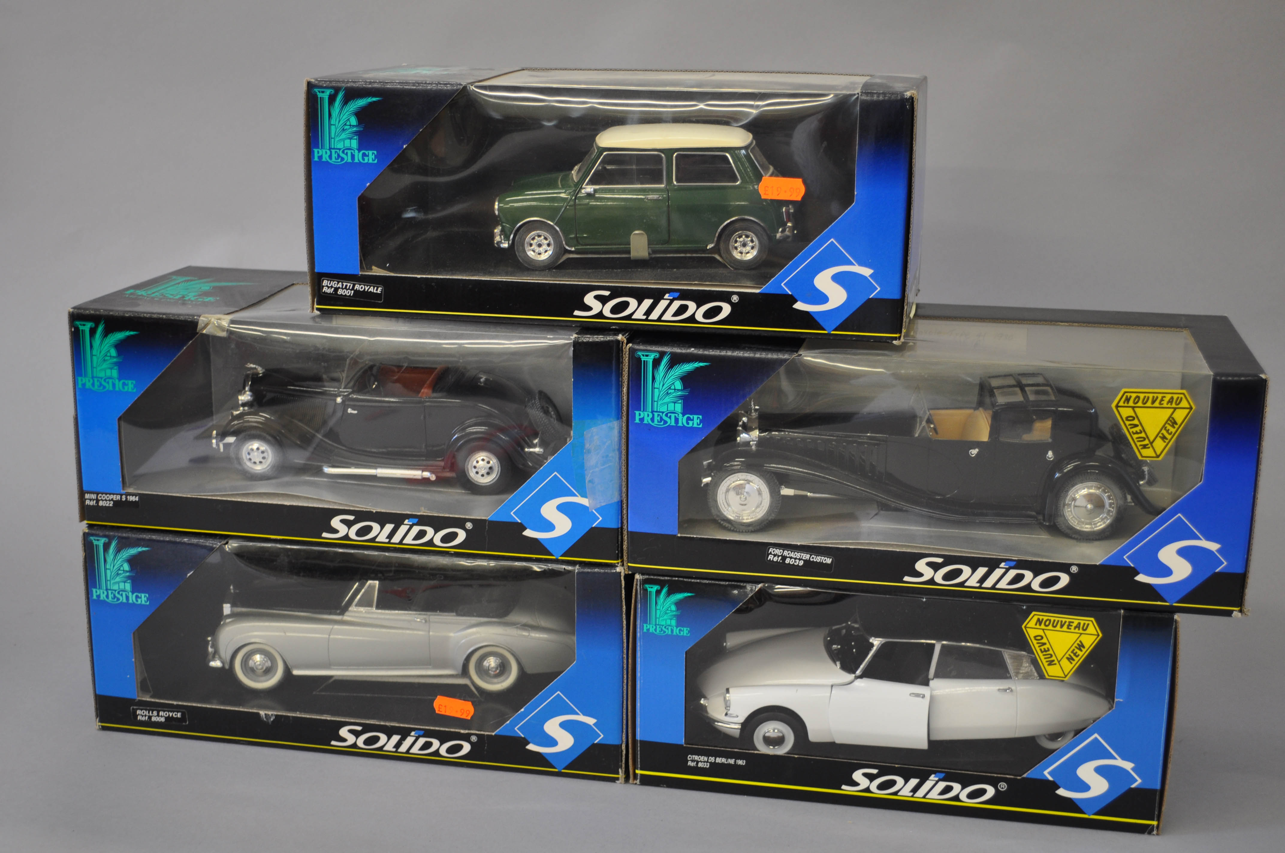 Five Solido Prestige 1:18 scale diecast model cars: 8001 Bugatti Royale ...