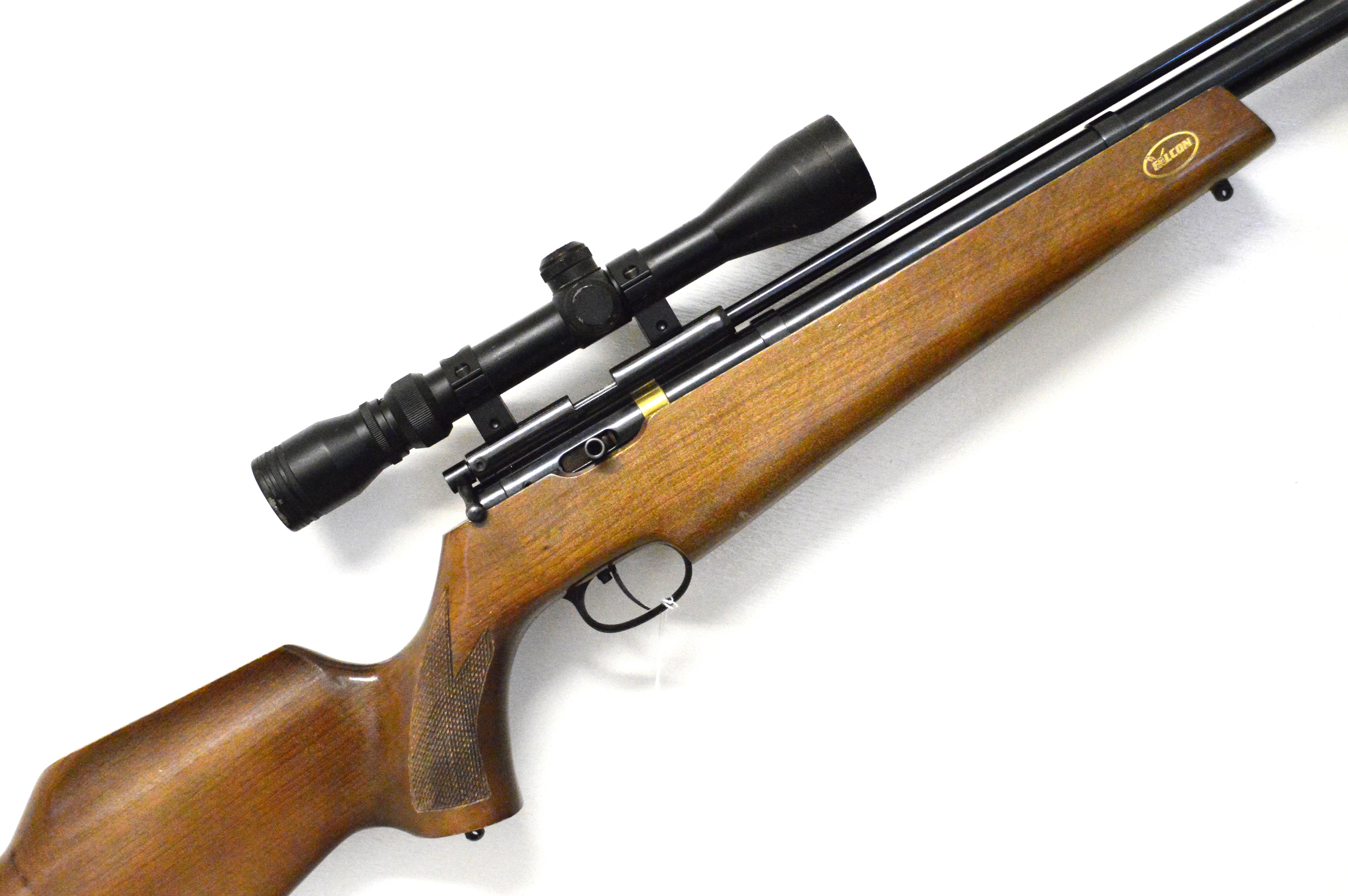 A Falcon .22 charged air rifle, single shot, with scope, no.90309, no ...