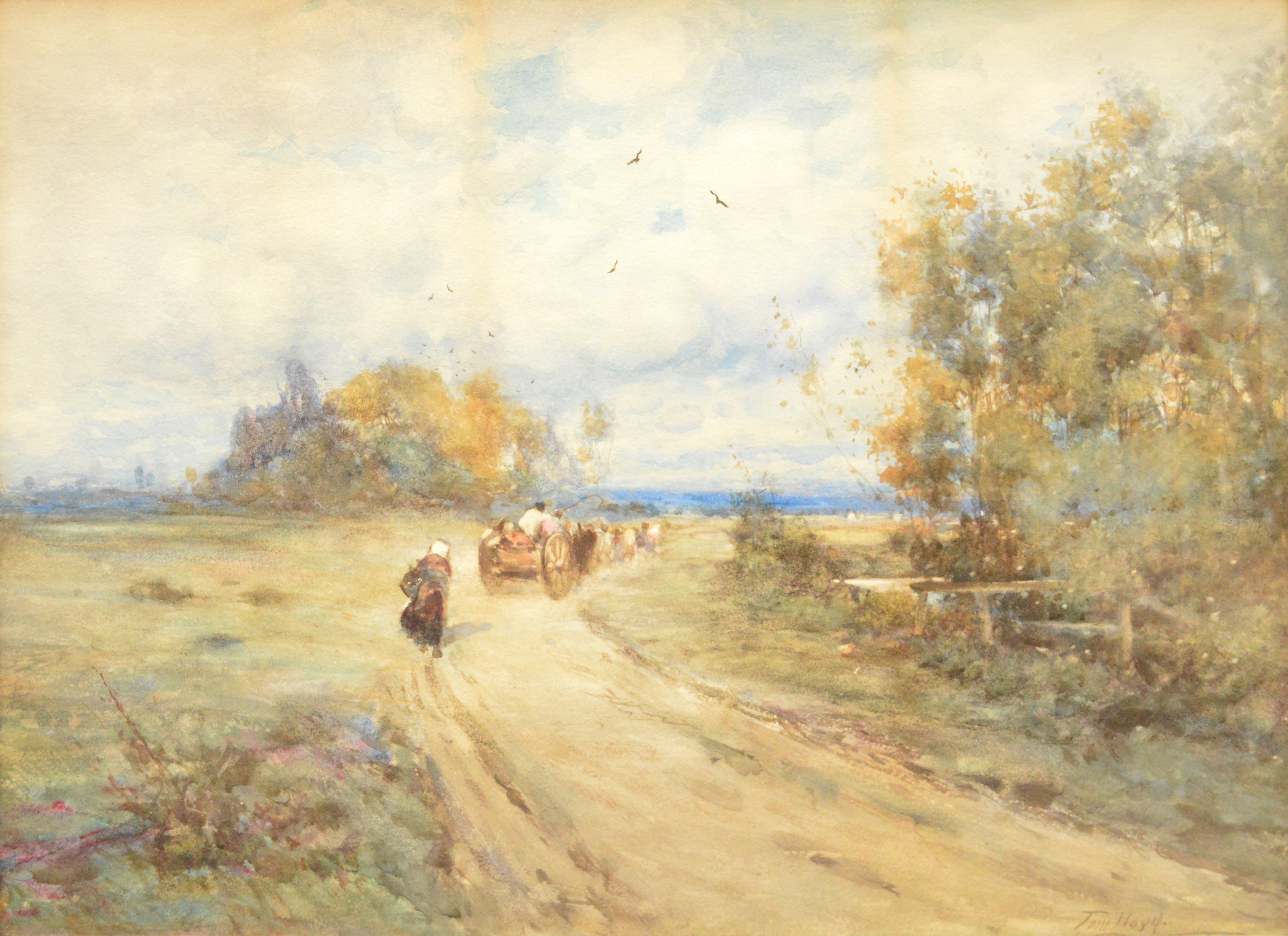 TOM LLOYD; watercolour, rural landscape scene with figures and a cart ...