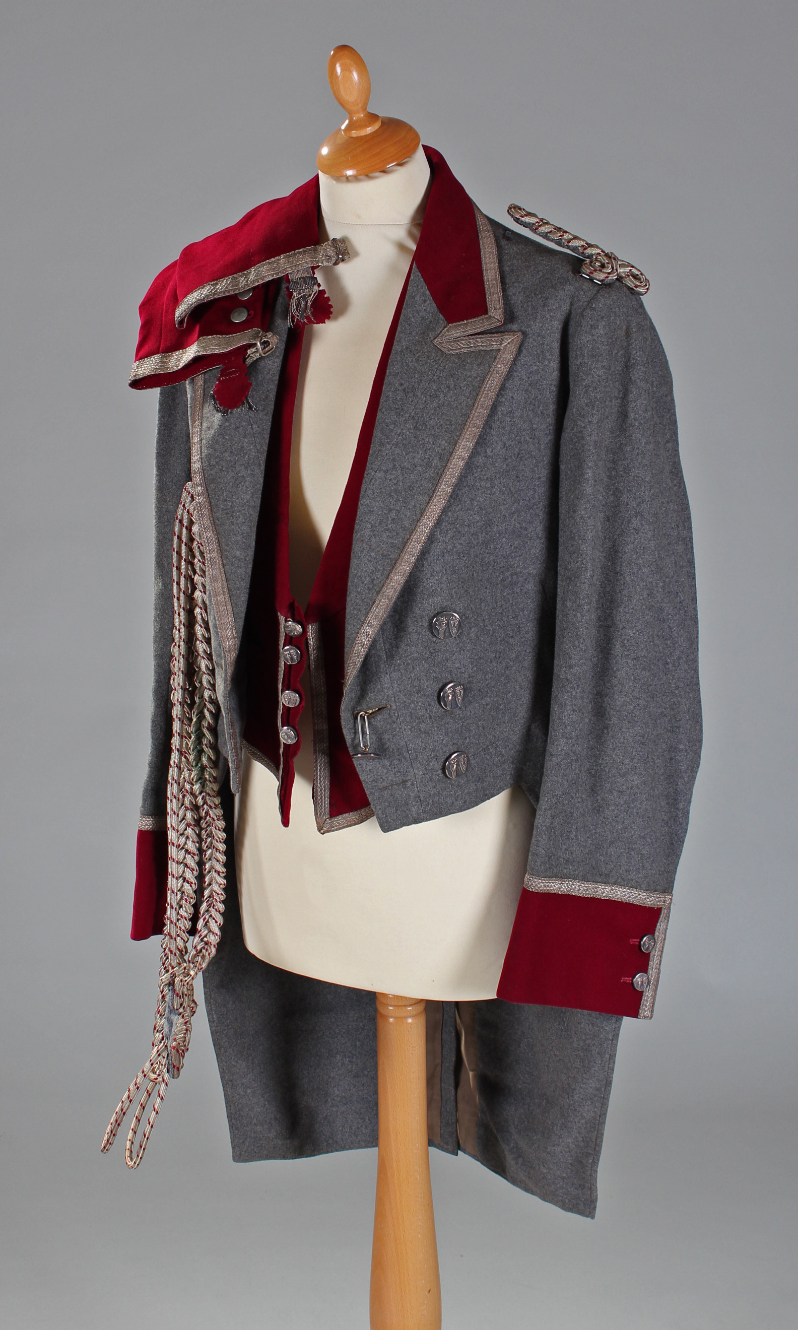 Footman`s Livery uniform, the swallowtail coat made from grey cloth ...