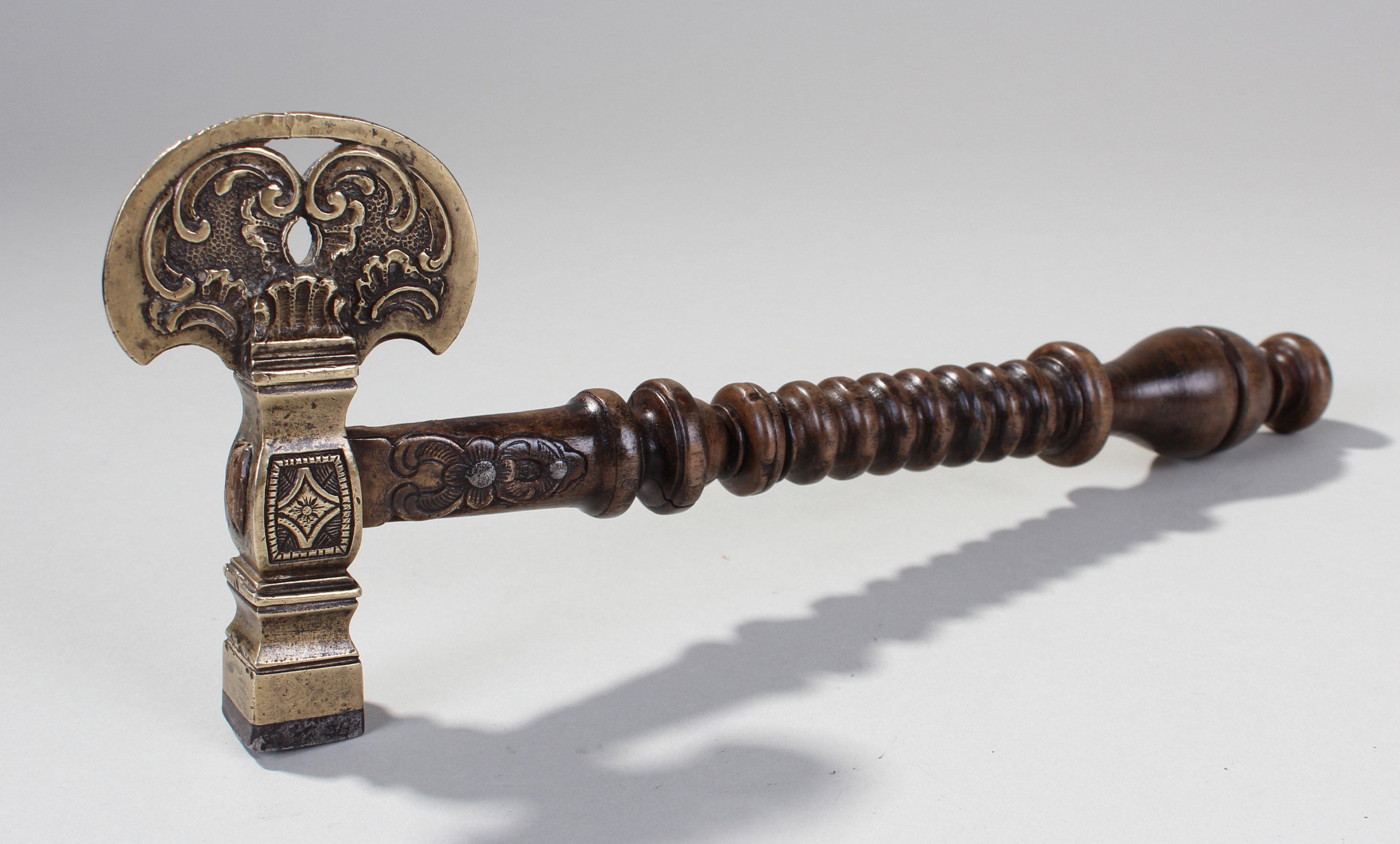 Victorian Continental sugar axe, decorative brass head and turned treen ...