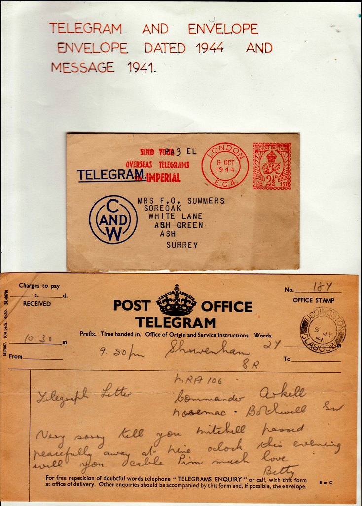 WWII 1941/44 Telegram and envelope. Telegram 1941, envelop 1944.