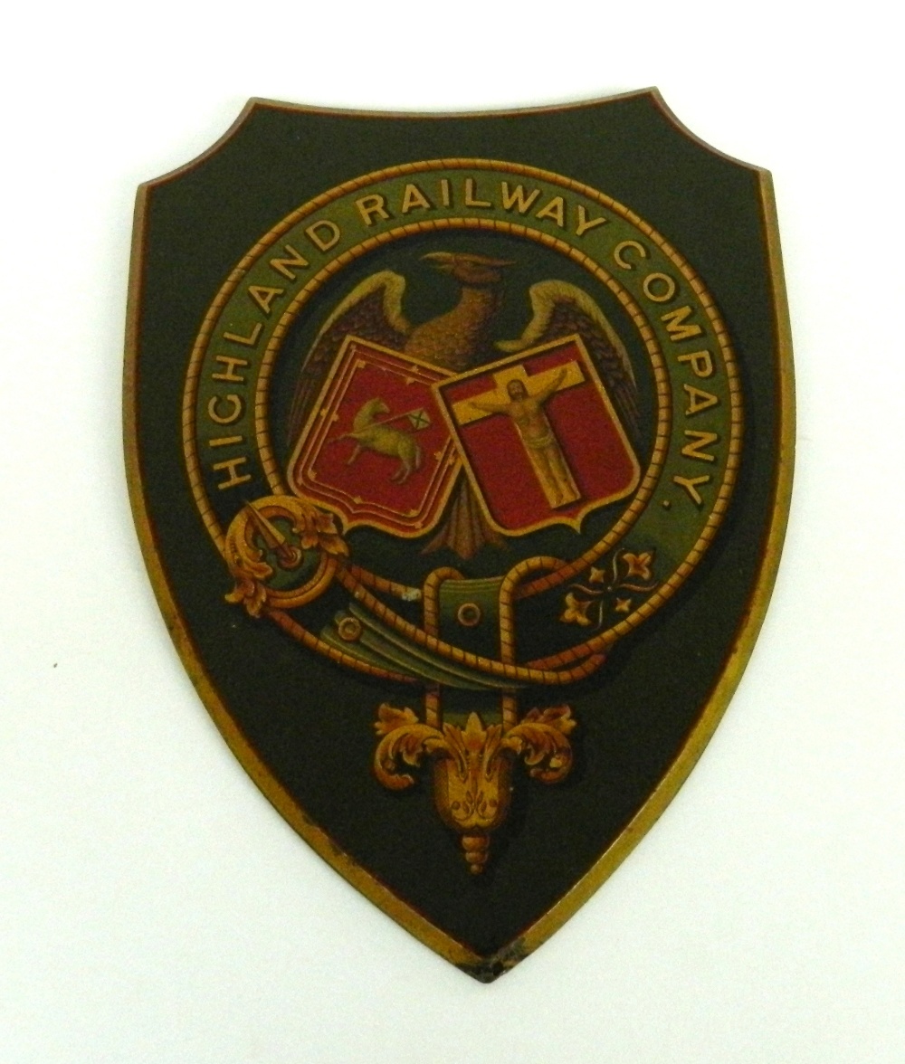 HIGHLAND RAILWAY COMPANY COAT OF ARMS on a green painted shield shaped ...
