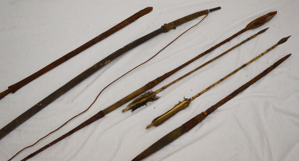 CENTRAL AFRICAN TRIBAL BOW with binding, 159cm long, two arrows with ...