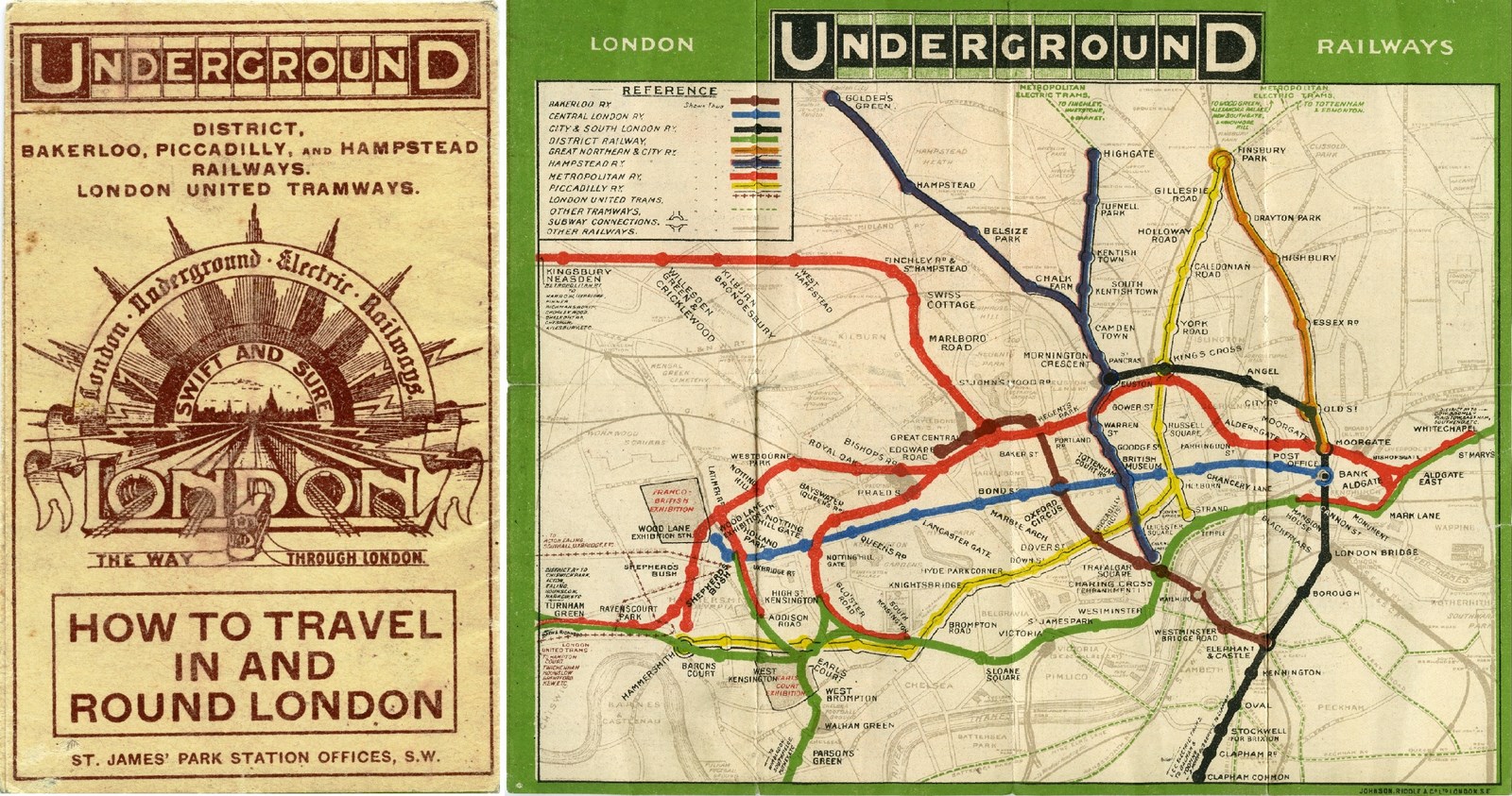 1908 LONDON UNDERGROUND RAILWAYS MAP, a less common version with the ...