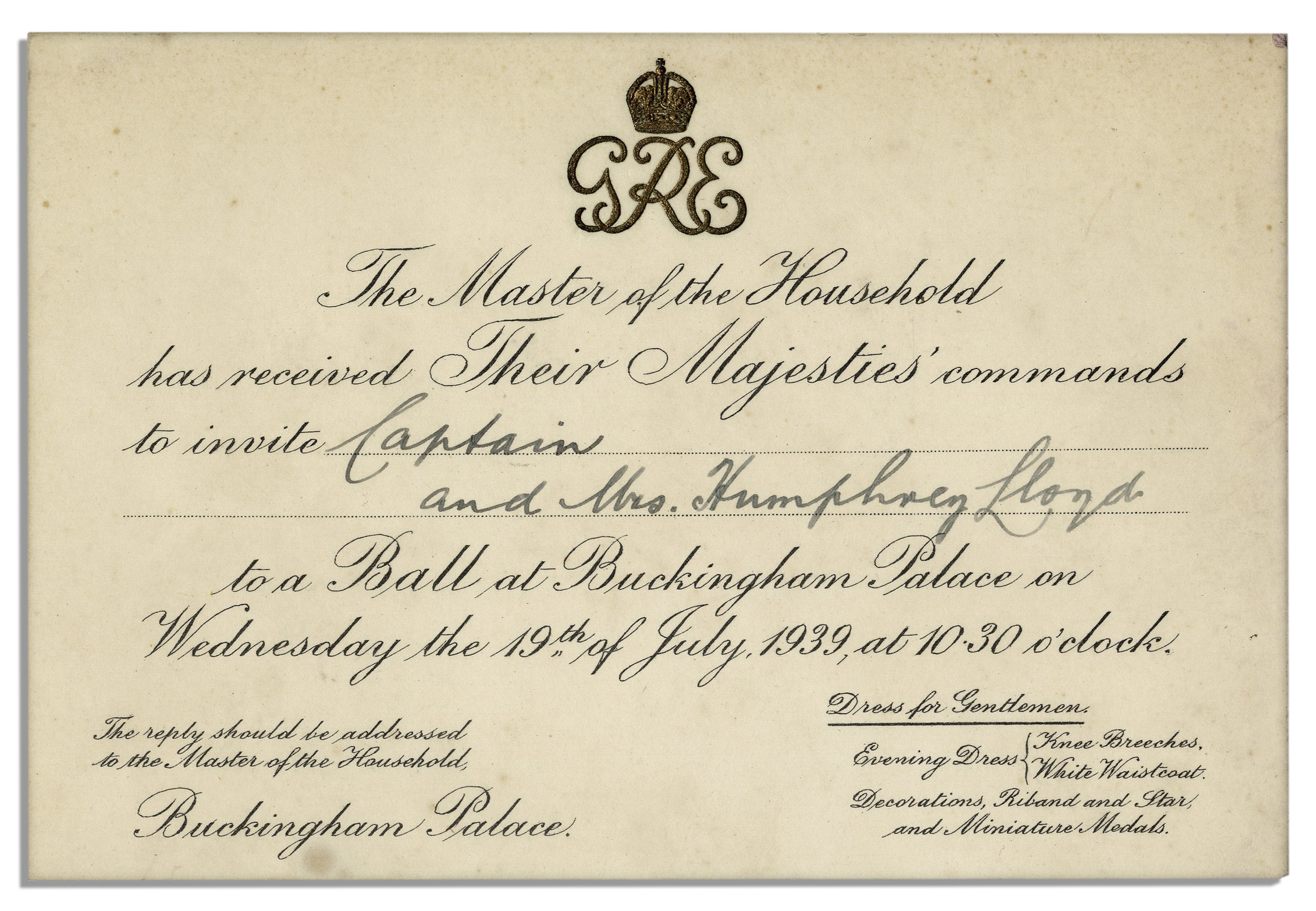 King George VI & Queen Elizabeth Invitation to a Ball at Buckingham ...