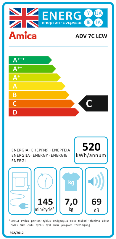 Amica ADV7CLCW Vented Dryer, 7kg, White, C Rated (1140221) | Marks ...