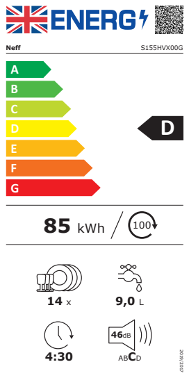 Neff S155HVX00G N50 Fully Integrated Dishwasher, 14 Place Settings, D ...