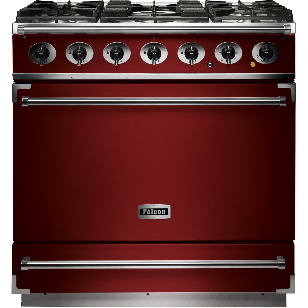 Falcon 900S Cherry Red Brushed Chrome 90cm Dual Fuel Range Cooker, A ...