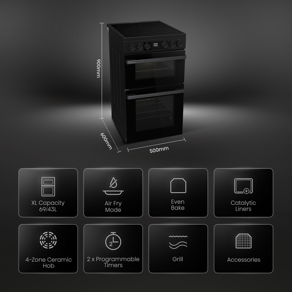 Hisense HDCEC5C10B Ceramic Electric Cooker with Double Oven, Black, A ...