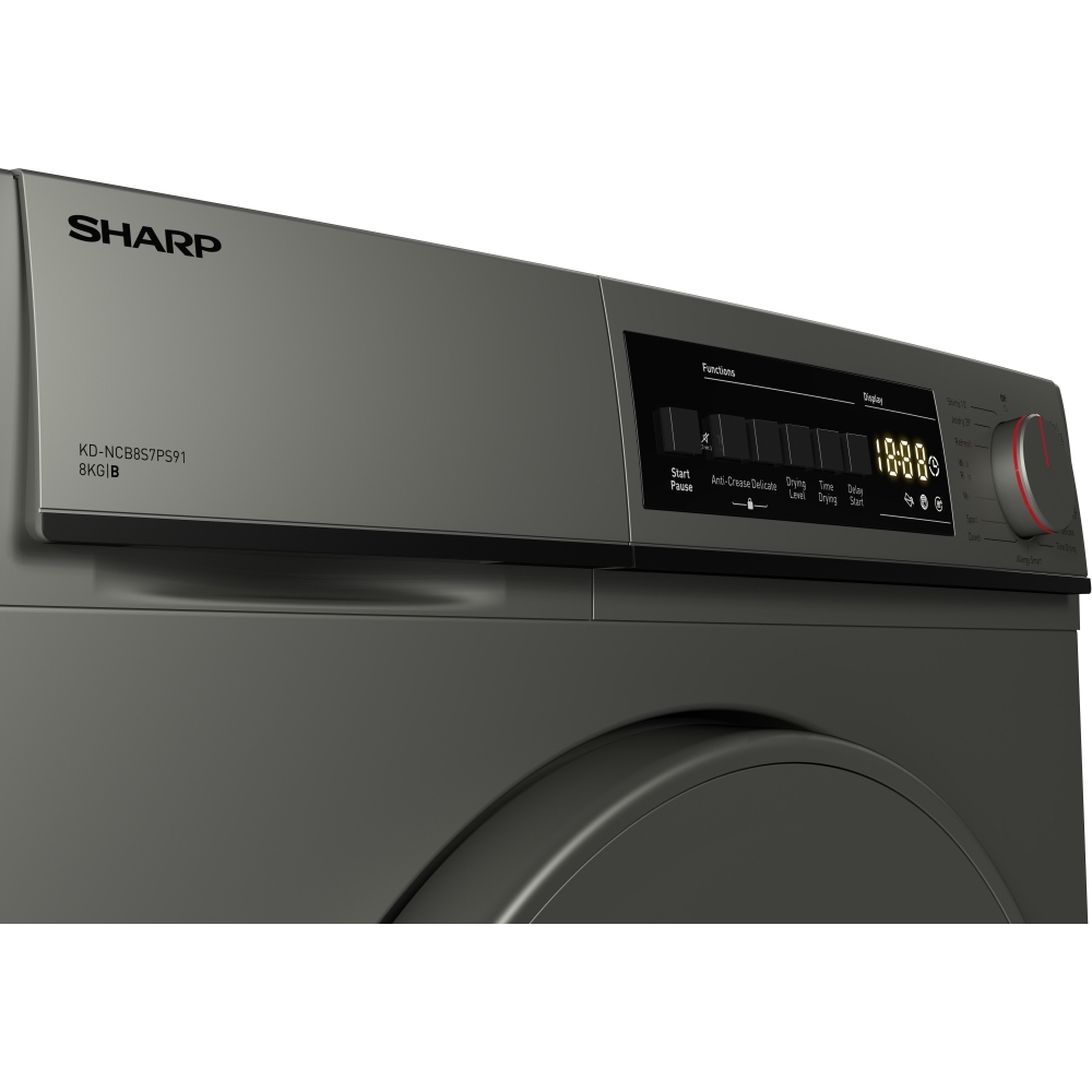 Sharp KD-NCB8S7PS91-EN Condenser Tumble Dryer, 8kg, Silver, B Rated | Marks Electrical