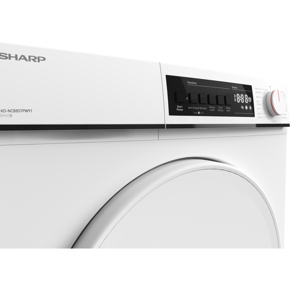 Sharp KD-NCB8S7PW91-EN Condenser Tumble Dryer, 8kg, White, B Rated | Marks Electrical