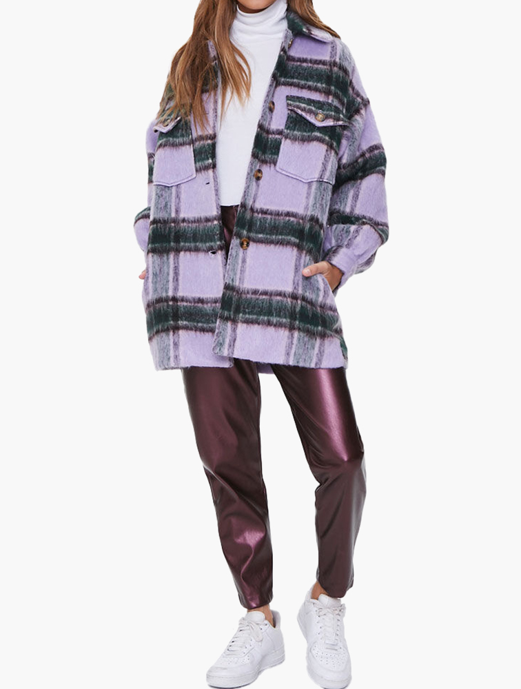 MyRunway | Shop Forever 21 Purple Plaid Pocket Oversized Shacket for ...